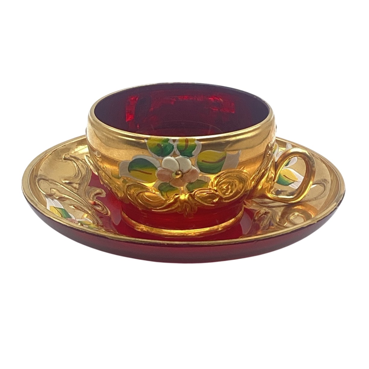 Murano Venetian Vintage Ruby Red Blown Glass Tea Cup And Saucer Italy
