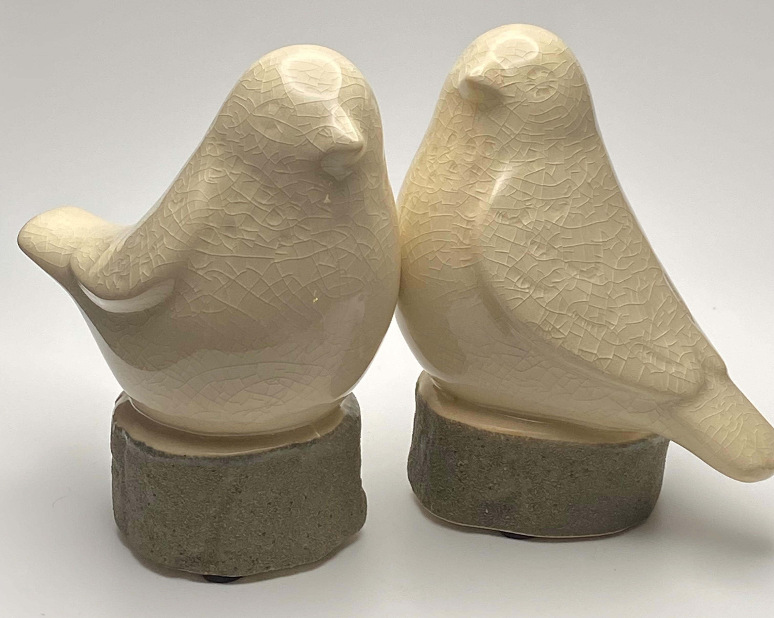 Set of 2 Ceramic Glazed Birds on Pedestal, 5" Tall, 4.5" Wide