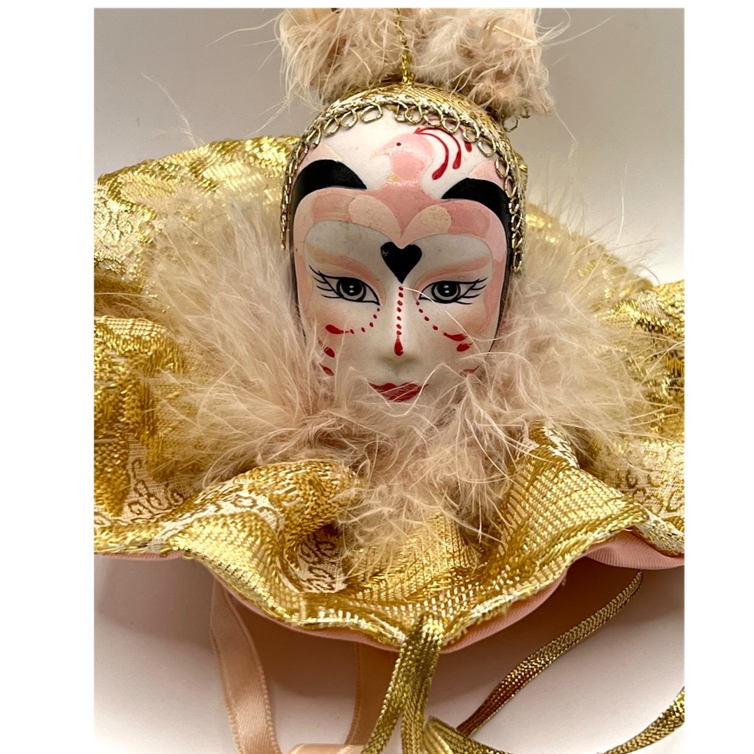 Harlequin Gold Clown Porcelain Face Head Pink Feathers Christmas ...