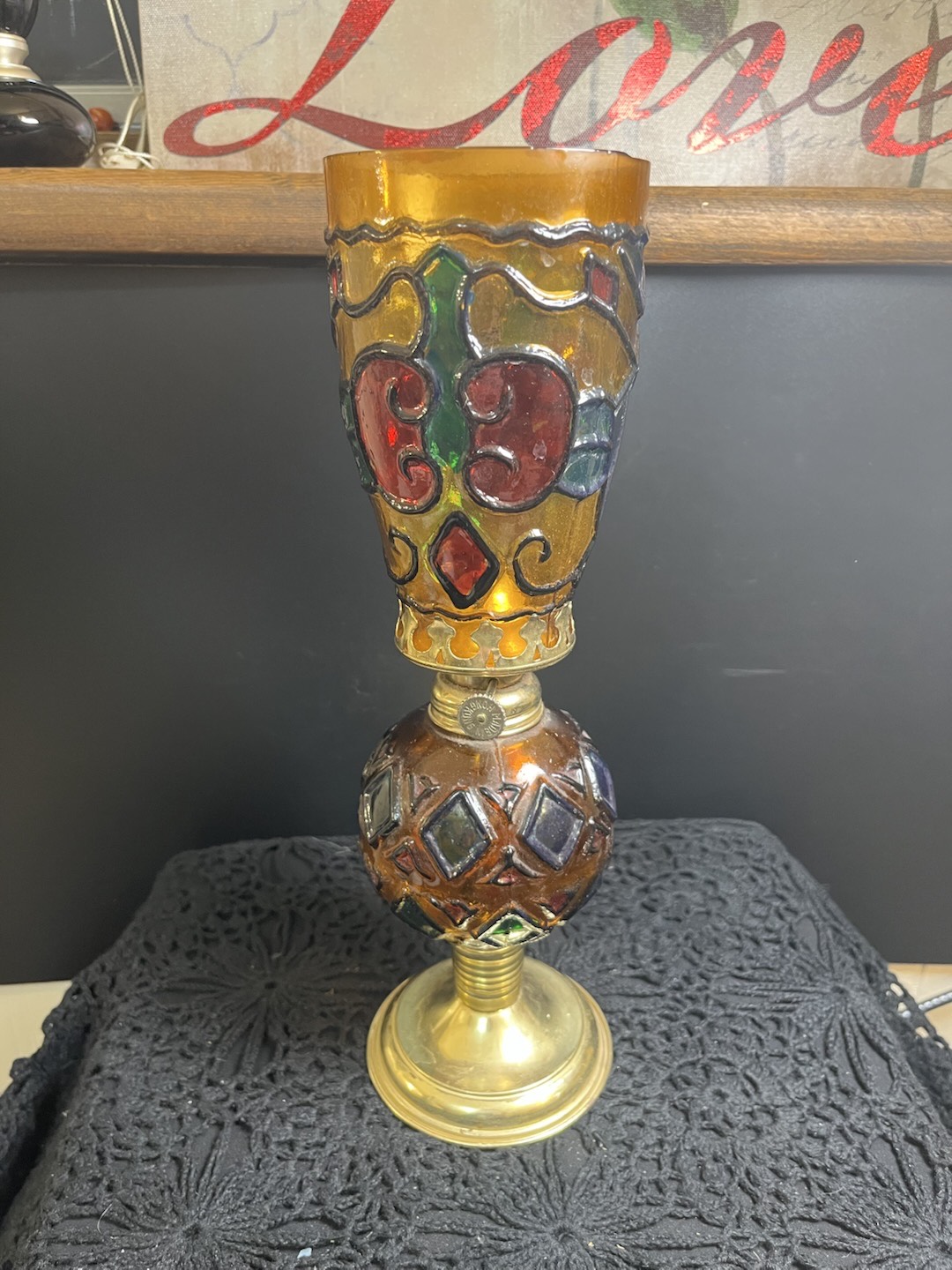 Vintage Amber Flash Painted-Stained Glass Looking-in Gold Tone Oil Lamp ...