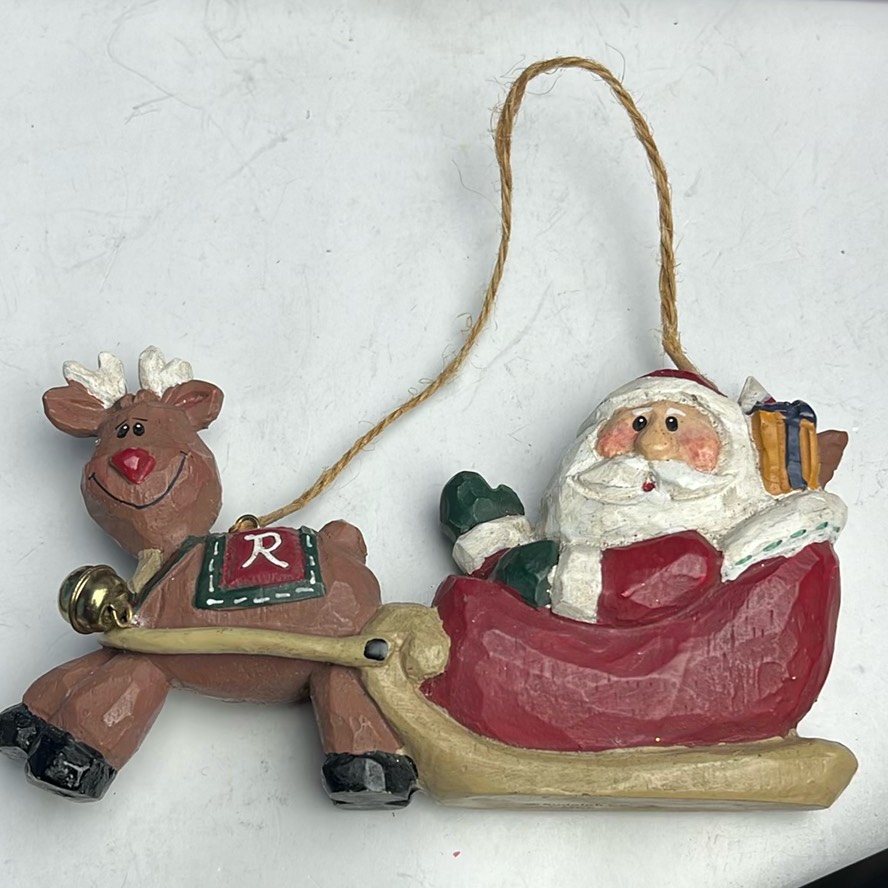 Santa And Rudolph Sleigh Clay Ornament