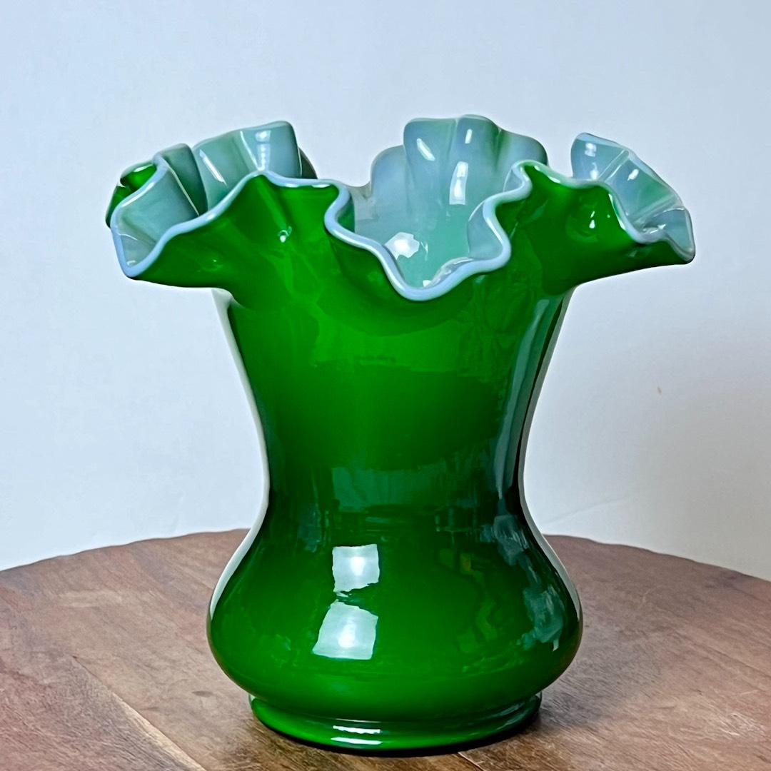 Fenton Green Ivy Overlay Ruffled Vase