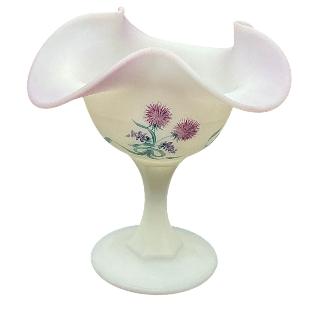 Fenton Ruffle Top Compote Hand painted Lavender Thistle Bev Cumberledge