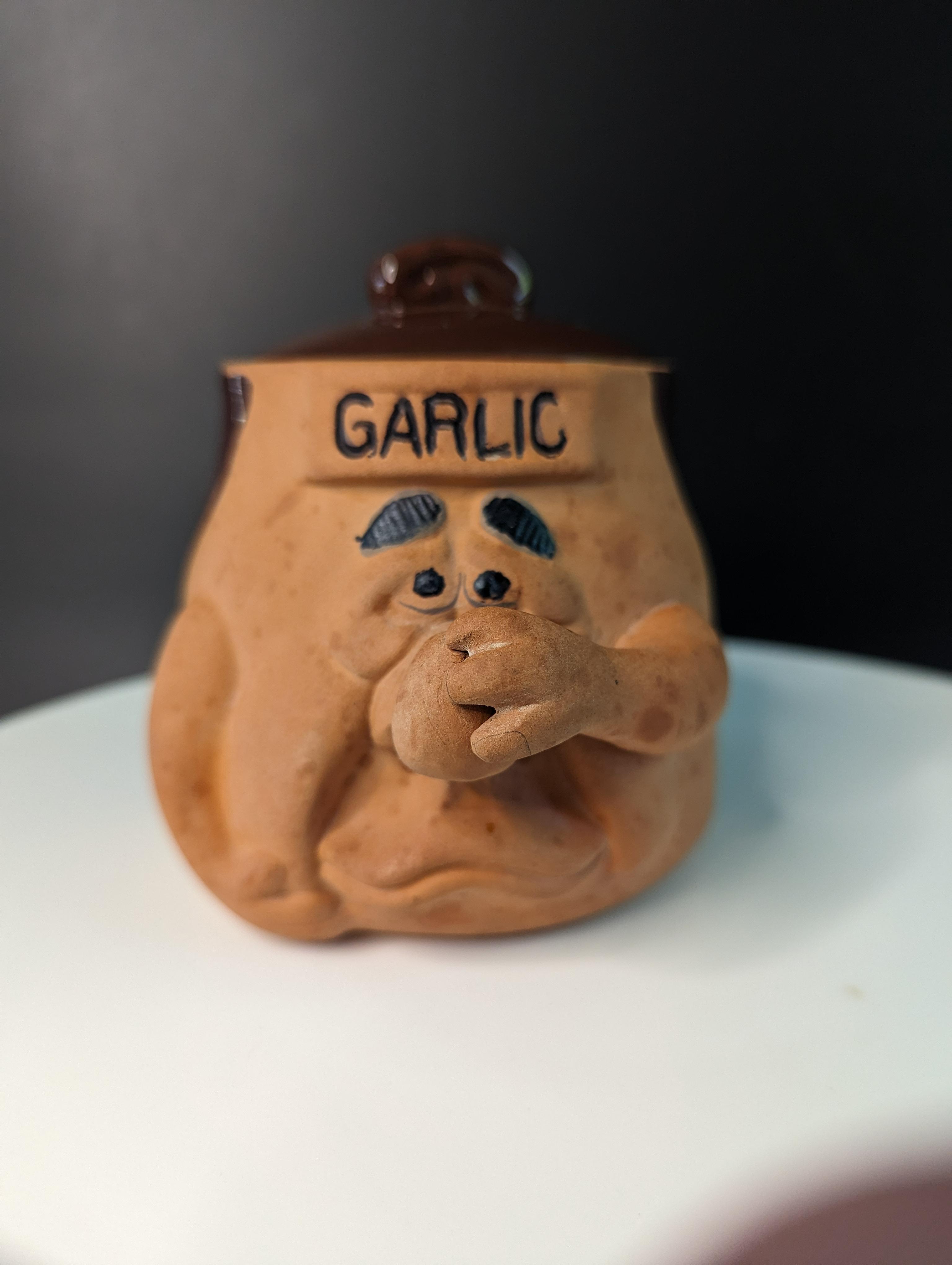 Vintage Clay Pottery Anthropomorphic Garlic Keeper Jar with Whimsical Face