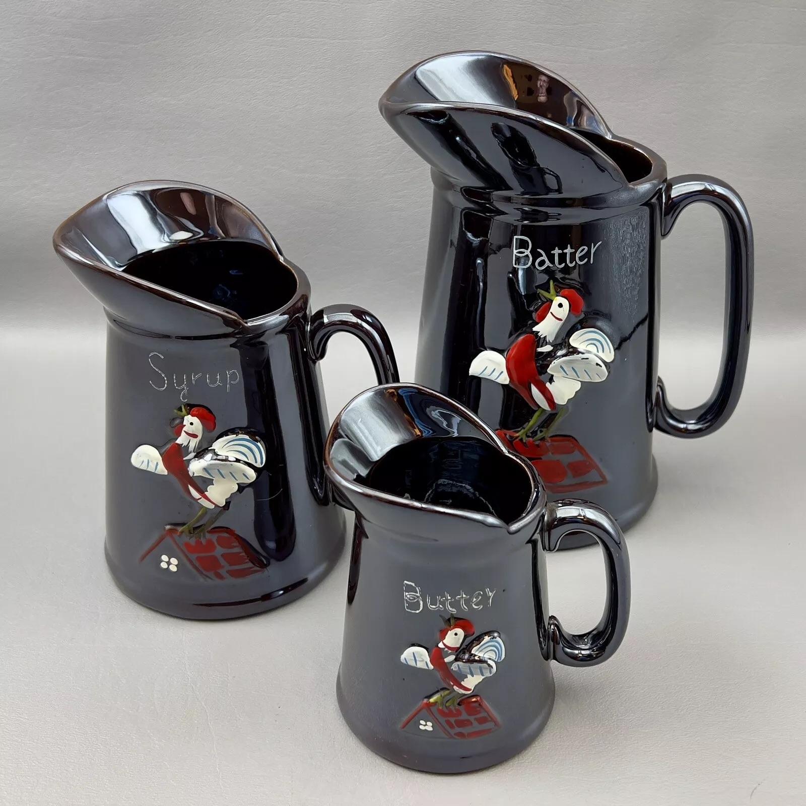 Vintage Japan Red Rooster Breakfast Pitchers Batter, Syrup & Butter ...