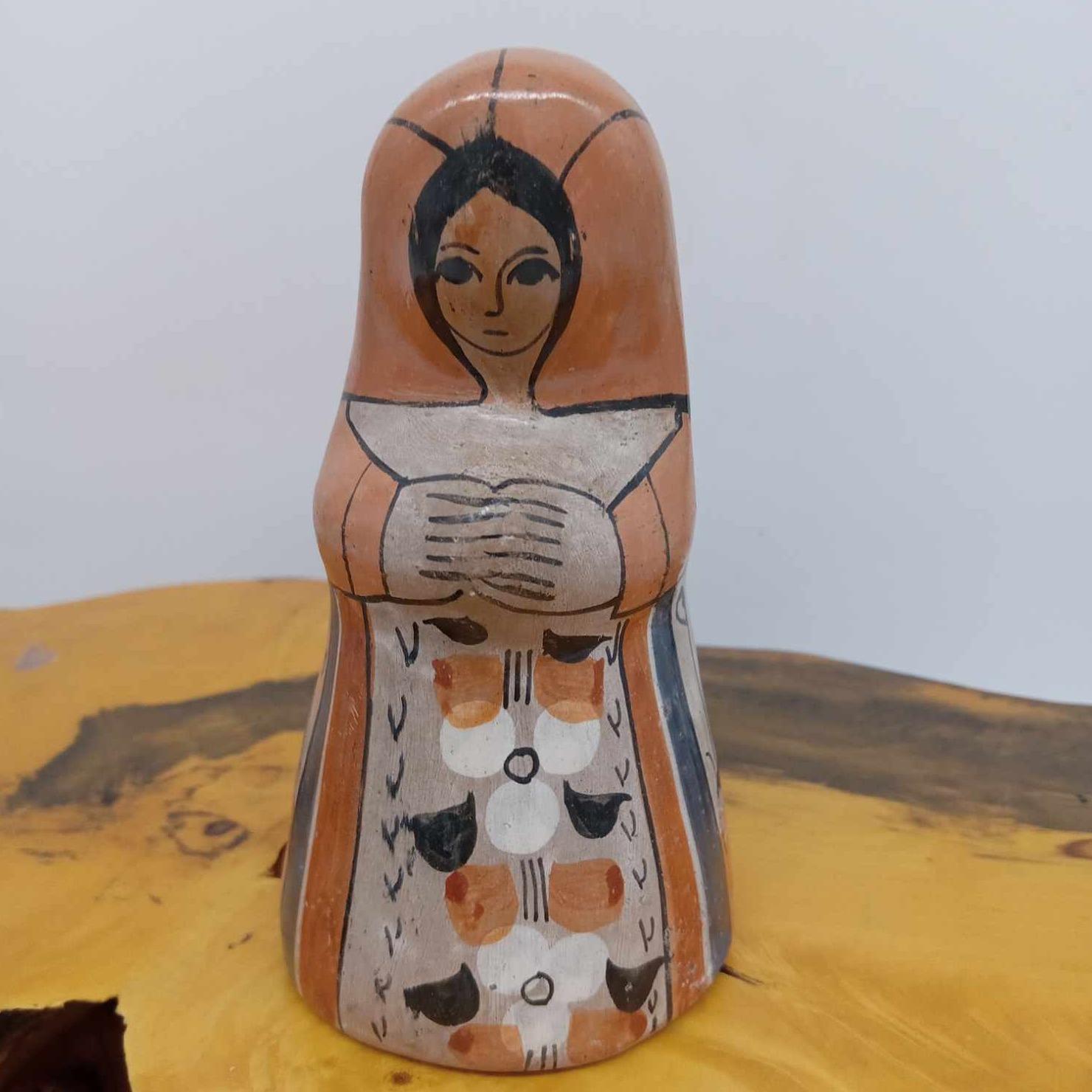 Mexico pottery nun, woman, flowers, bird, Tonala, Talavera