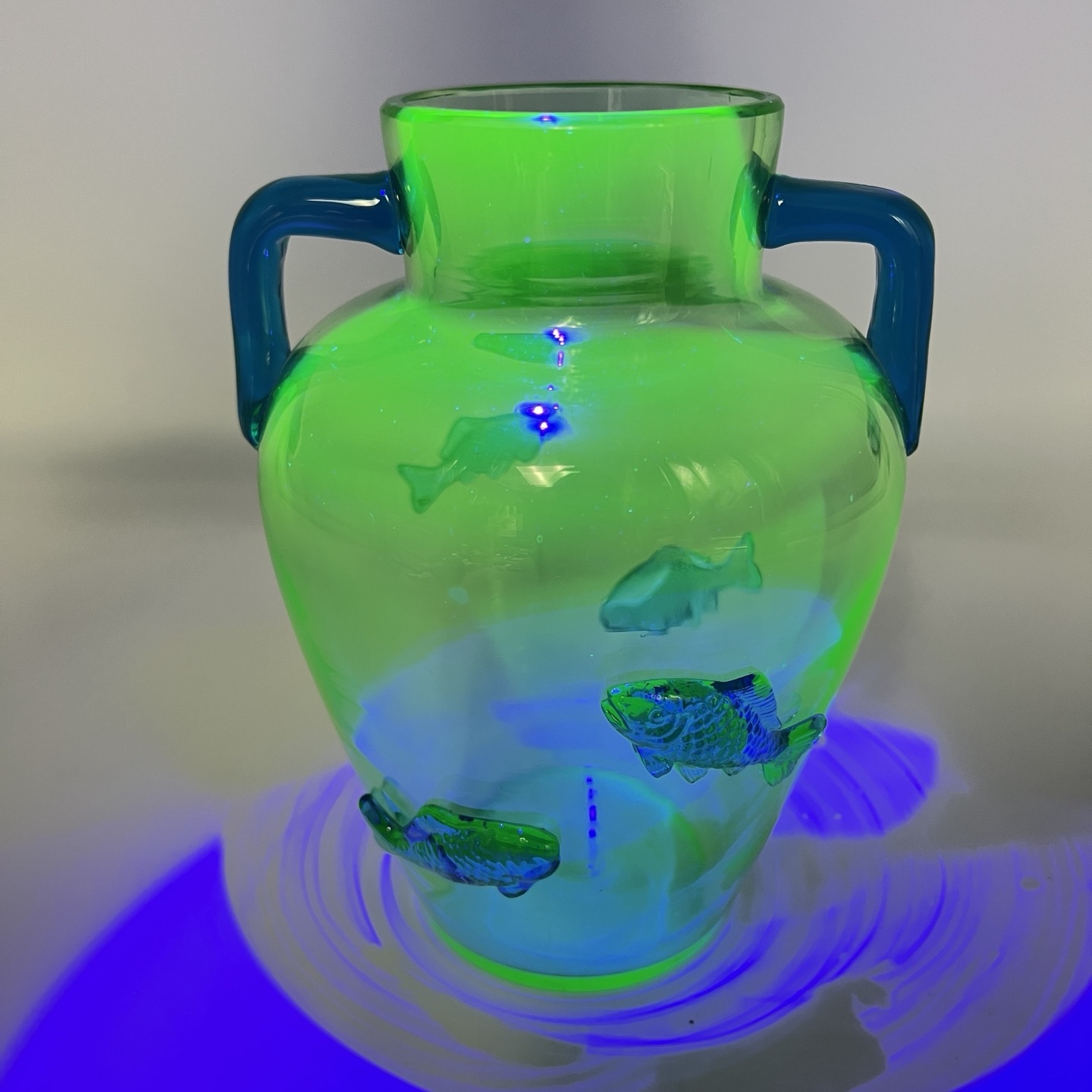 Bohemian Antique Uranium UV Glows Green Blue Fish Vase