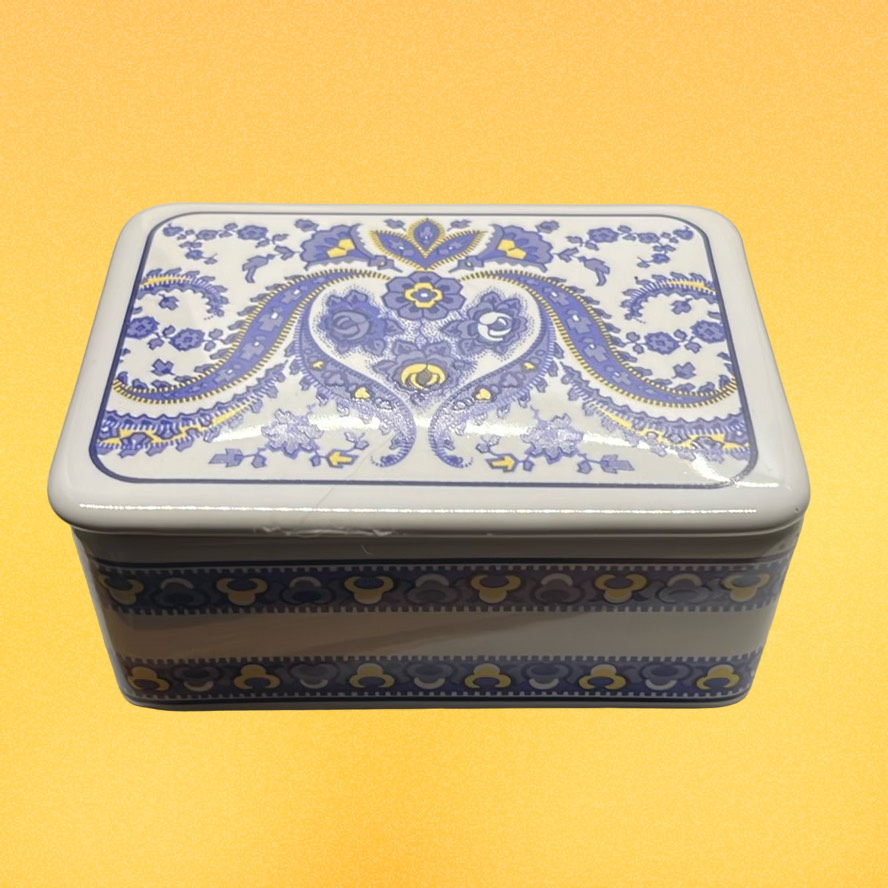 18. Thai Stoneware Trinket Box With Blueish Purple and Yellow Floral ...