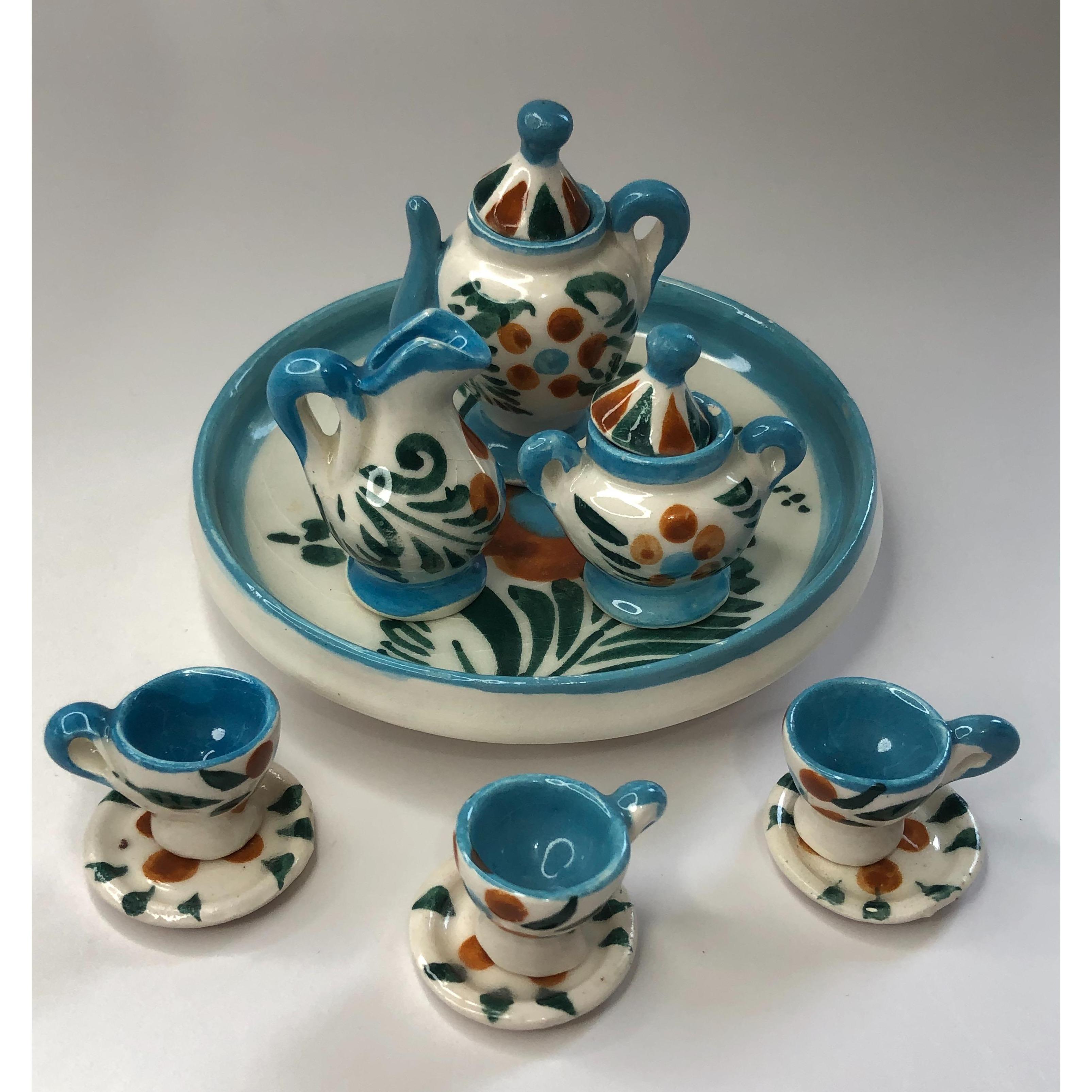 Miniature Mexican Pottery Coffee Tea Set w/ Tray Dollhouse Blue Handmade