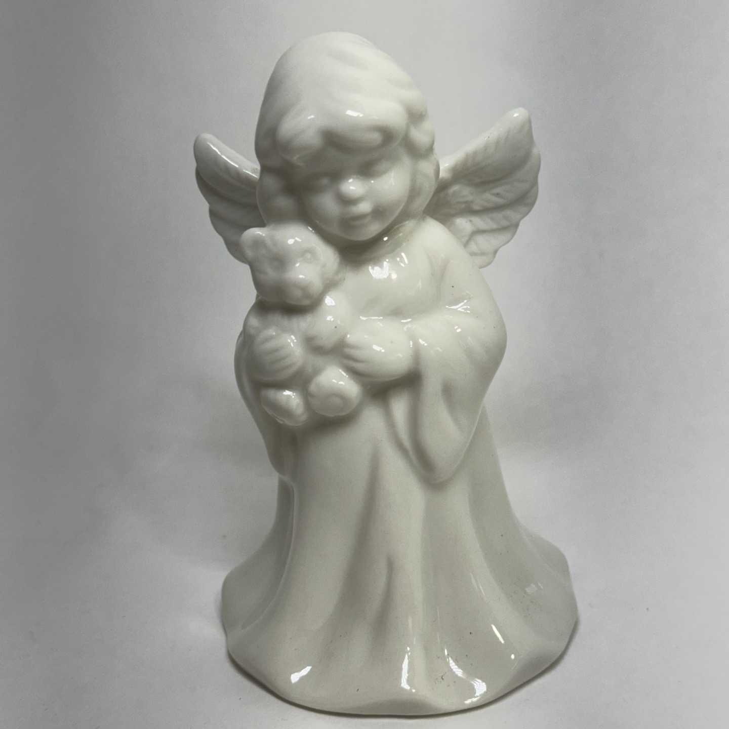 Porcelain Angel holding Teddy Bear Bell White 4.5” Tall