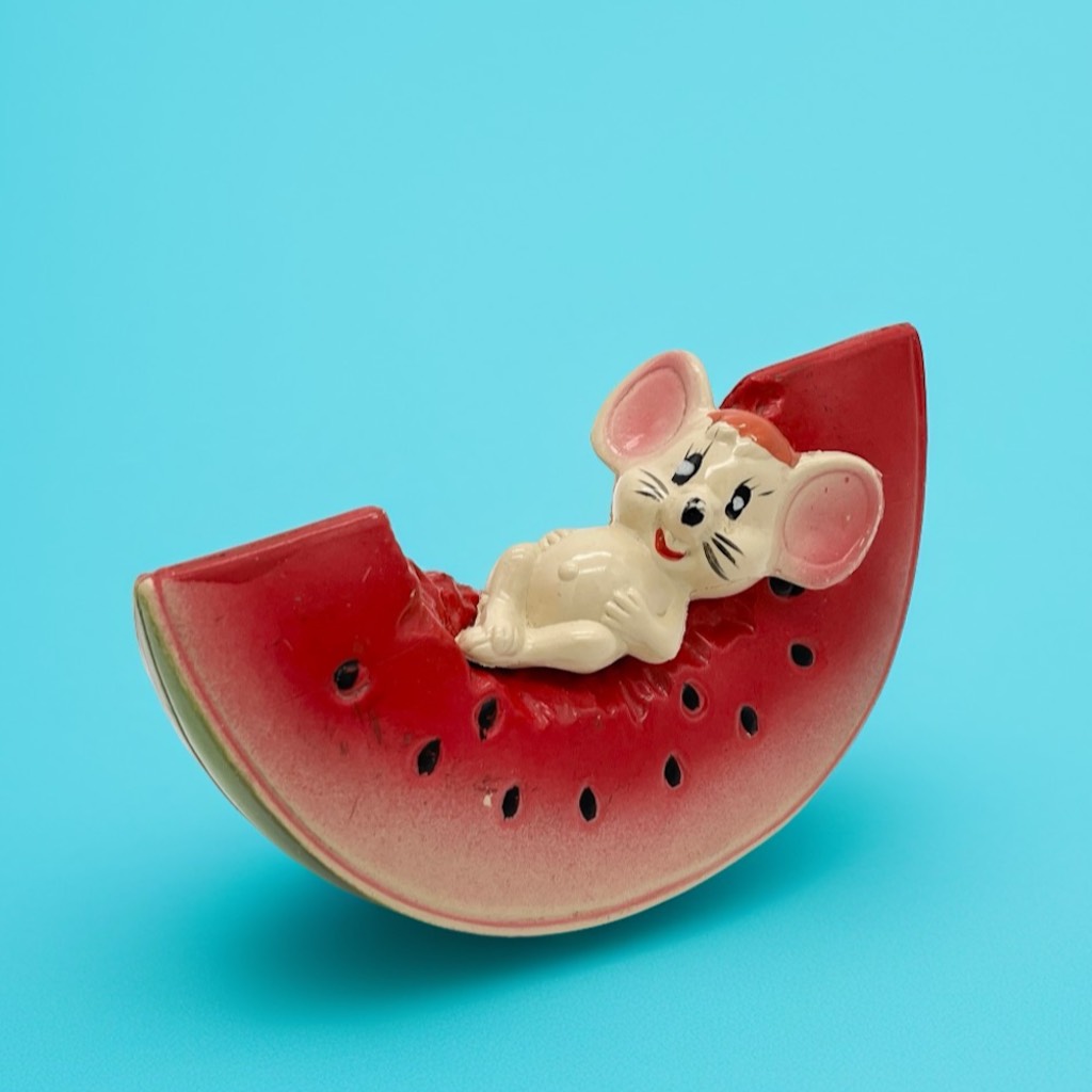 Vintage Kitsch White Mouse on Watermelon Slice Coin Bank Plastic Fruit ...