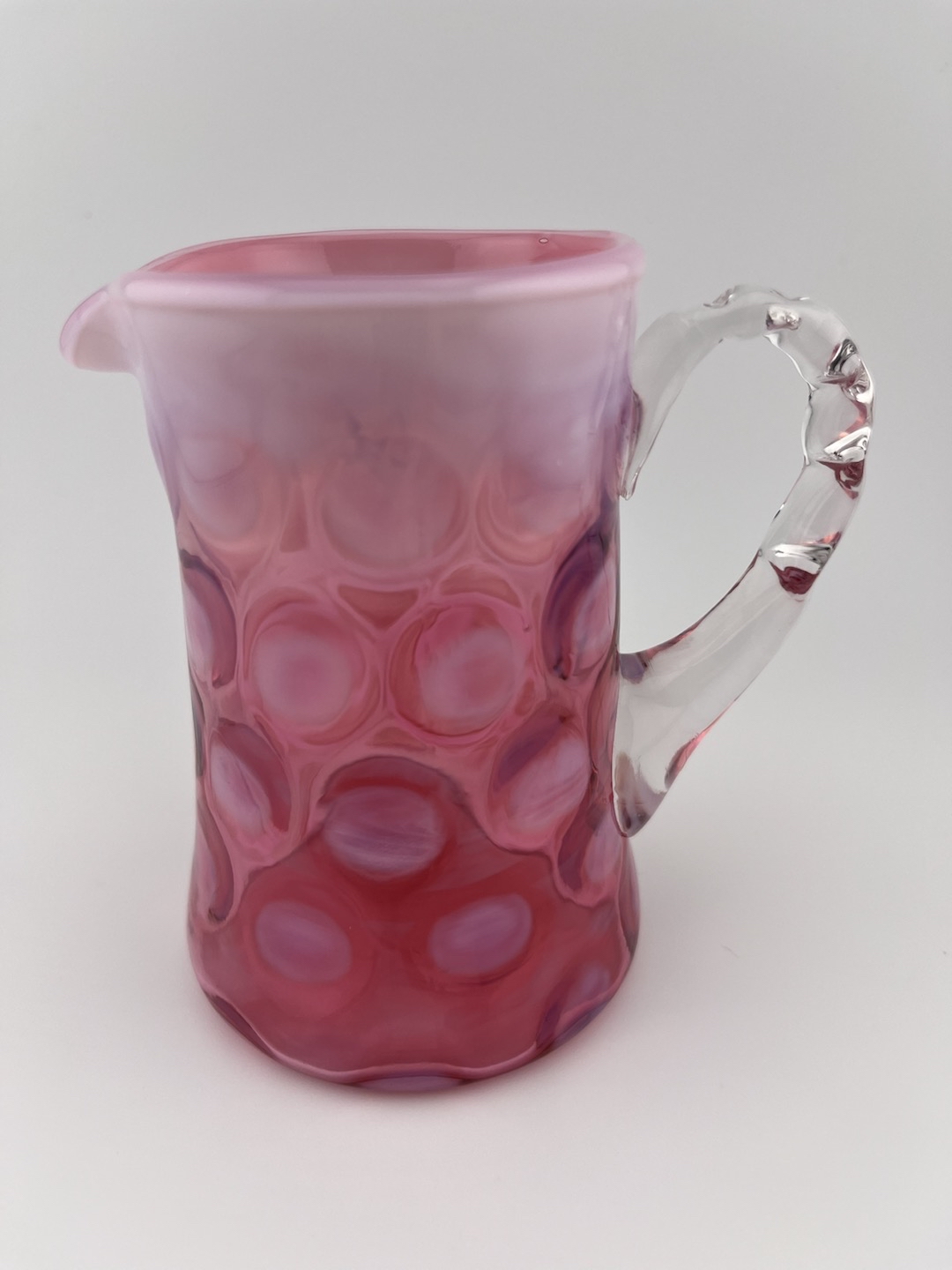 Fenton Dot Optic/Coin Dot Cranberry Glass Pitcher With Clear Handle