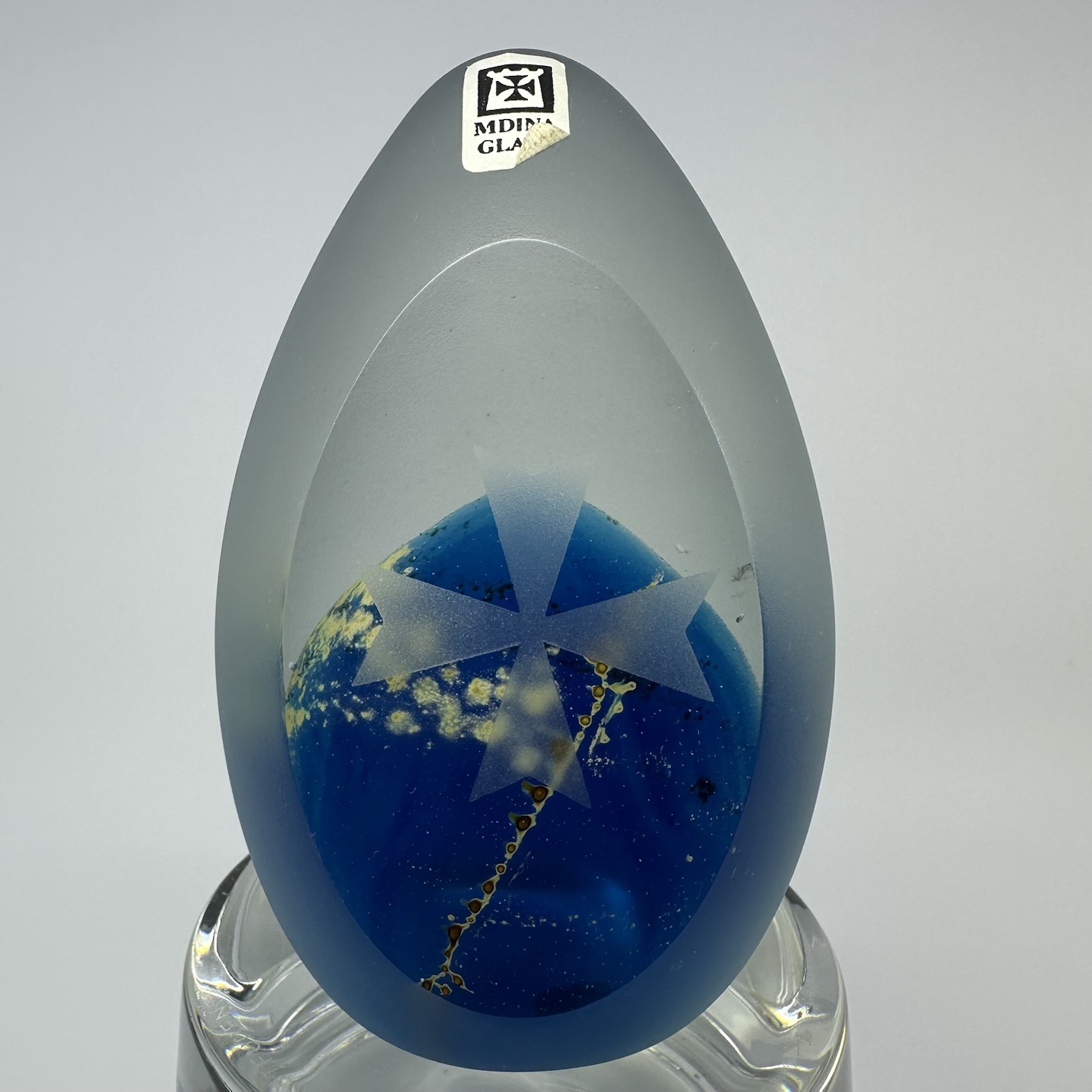 Mdina Etched Art Glass Egg Shaped Window Pane Paperweight