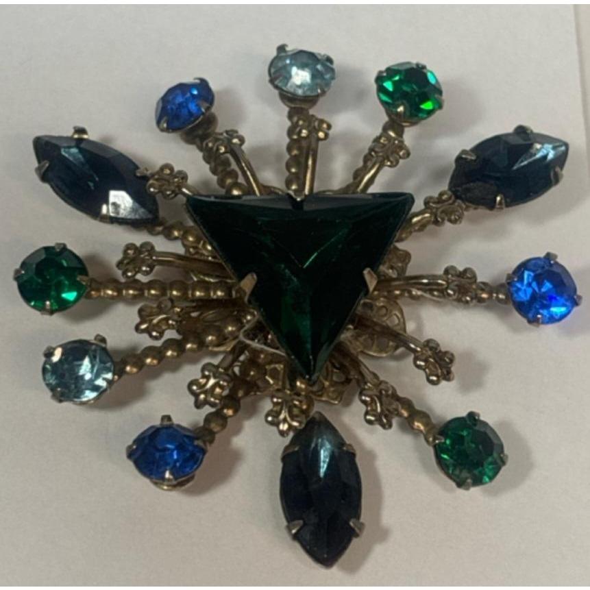 Riveted Green And Blue Rhinestone Burst Brooch