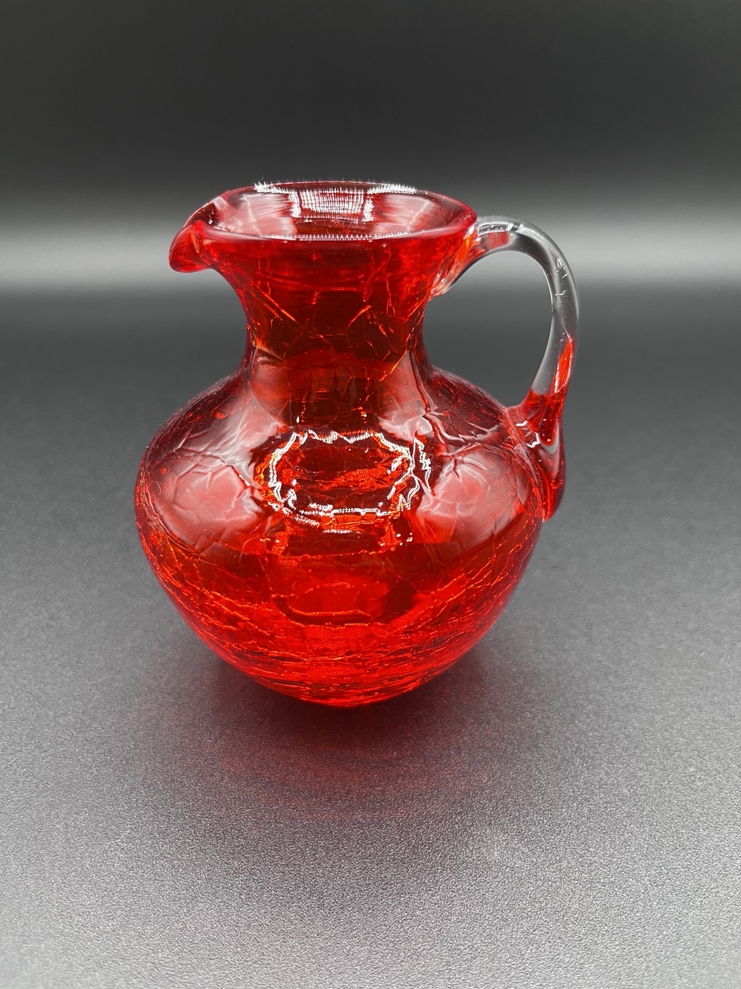 Hand Blown Fire Red Art Glass Crackle Glass Pitcher 3.5”🔥