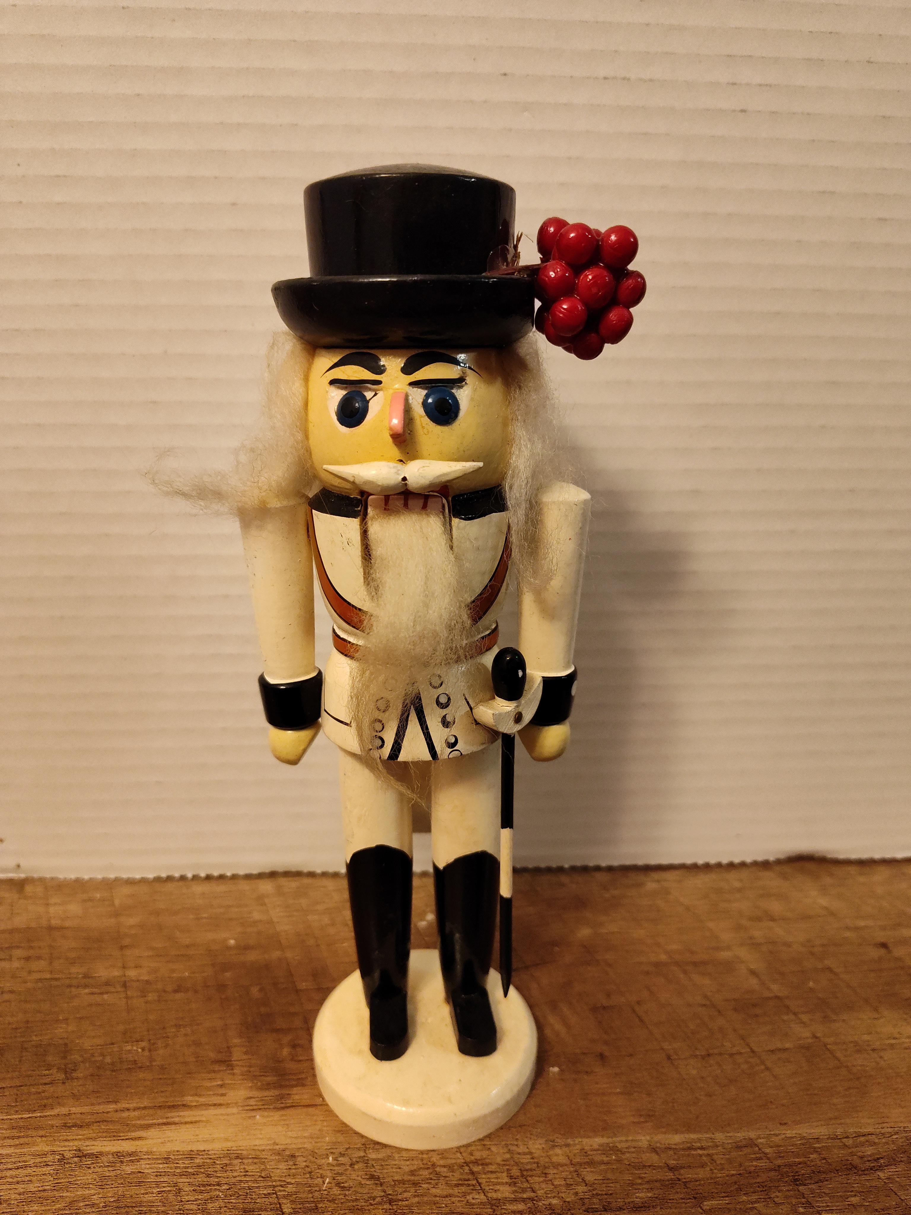 Vintage 8.5 inch Wood Nutcracker Wooden Mustache White