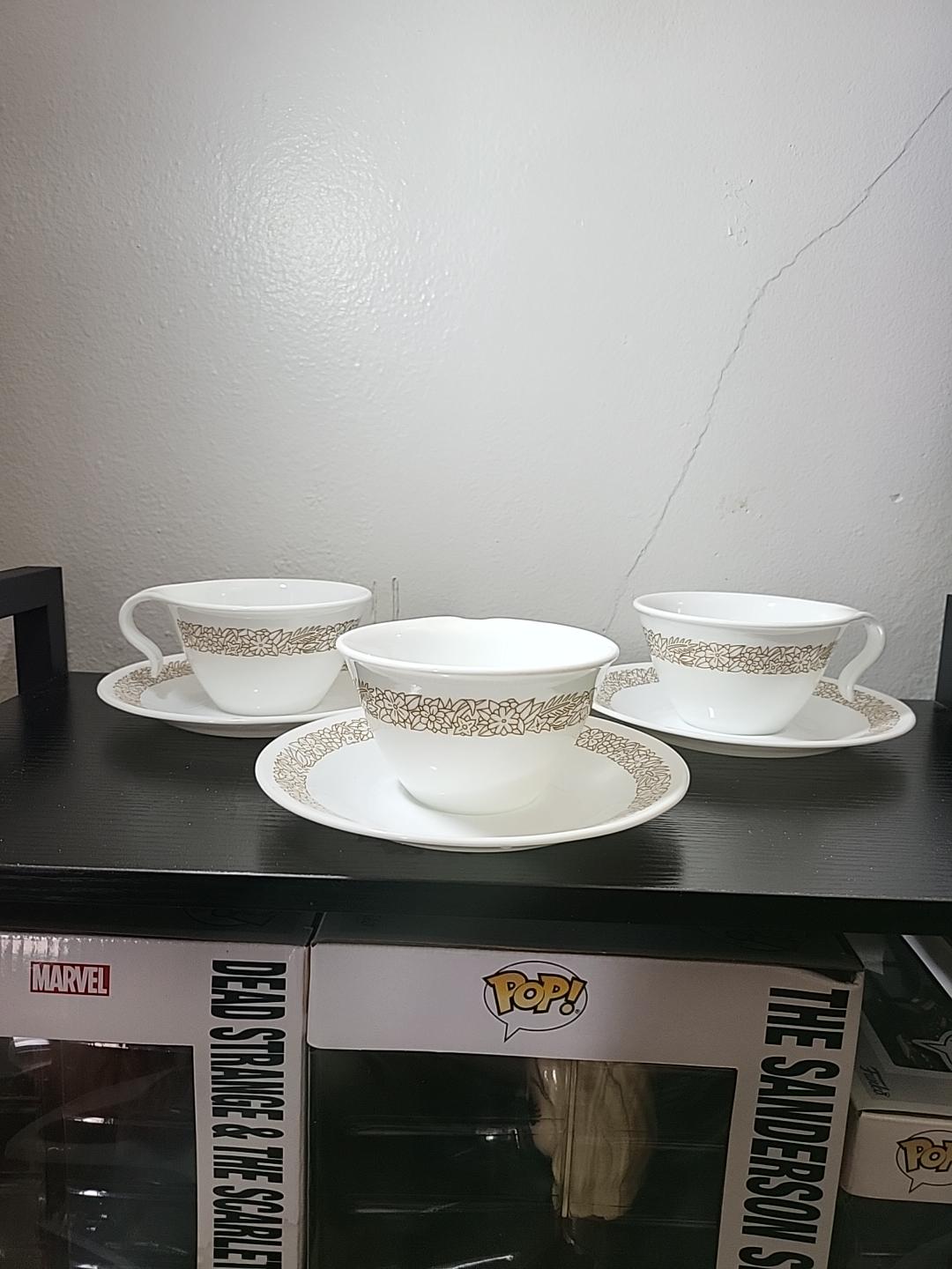3 Corning Corelle Cups & Saucer Set Woodland White Brown Floral Pattern ...