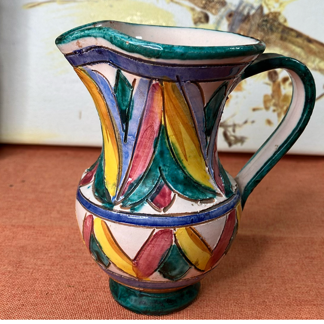 Small Colorful Pitcher Marked On Bottom - Italy? - 5” Tall