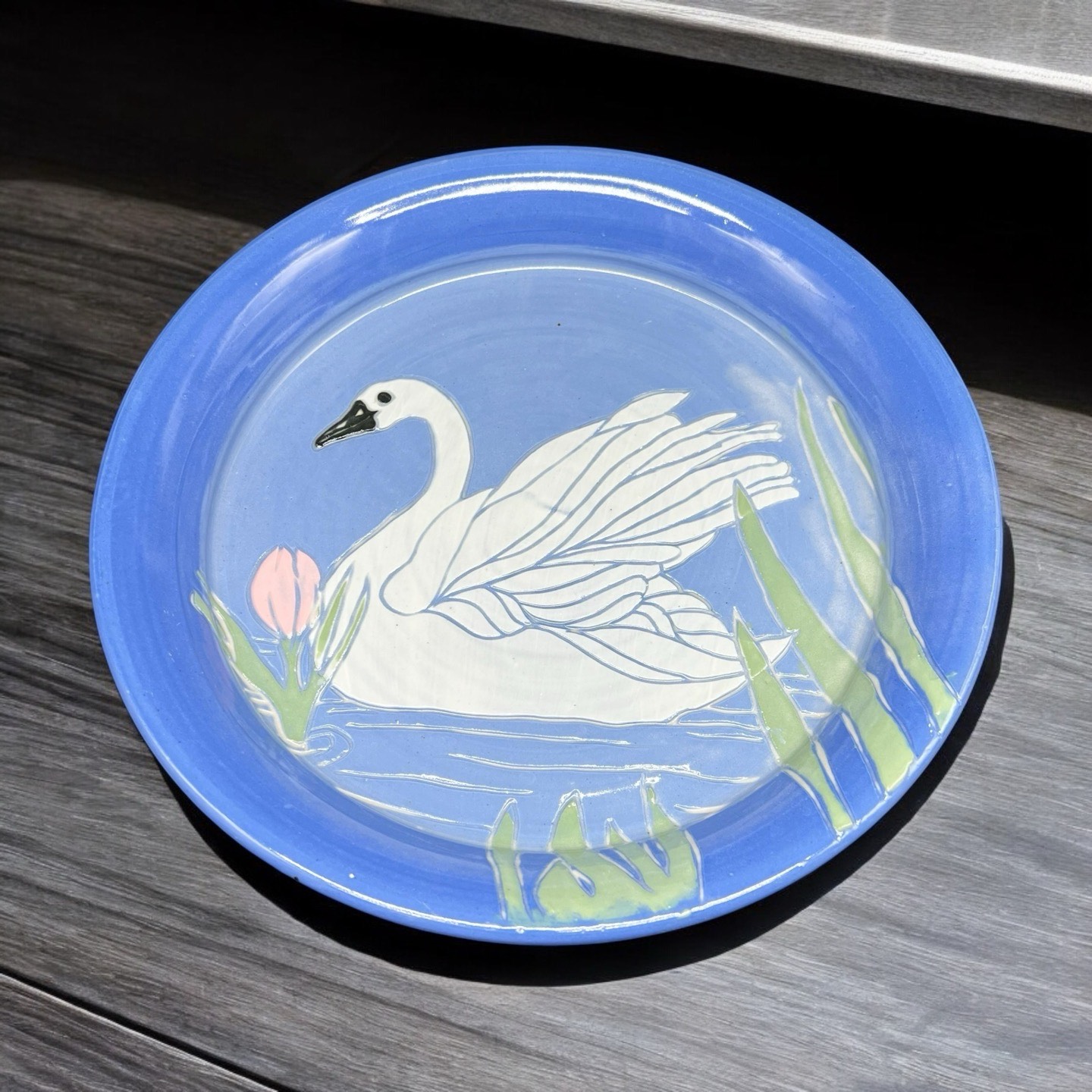 Studio Art Pottery Stoneware Hand Painted Blue Swan Pie Plate Dish 12"