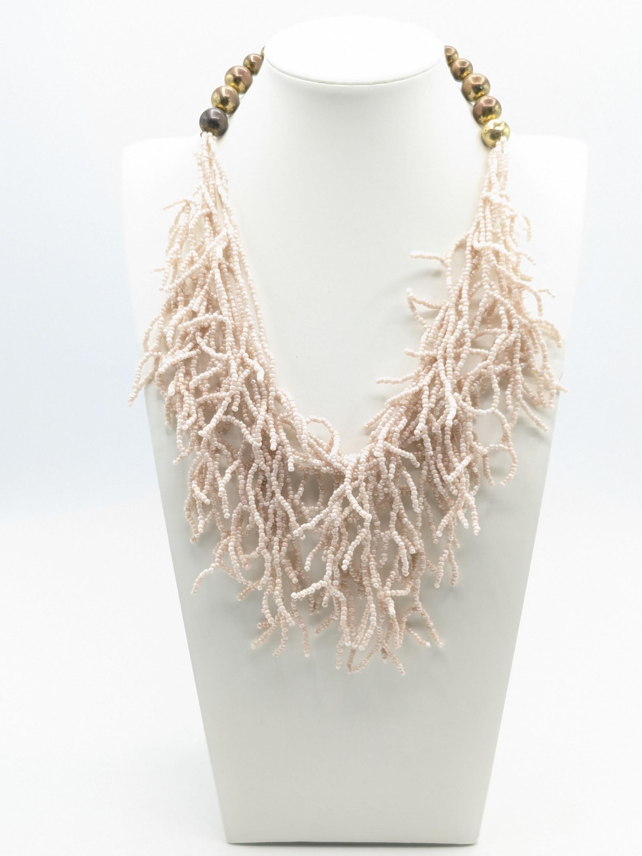 Cream Color Beaded Fringe Statement Necklace Boho Jewelry