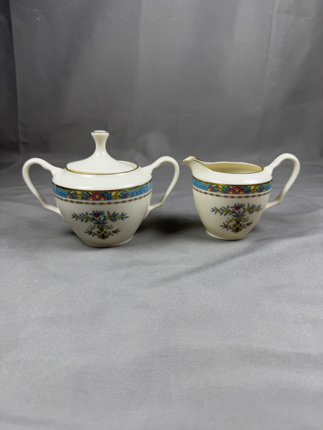 Vintage LENOX Blue Tree Creamer and Sugar Bowl with Lid Set Gold Trim