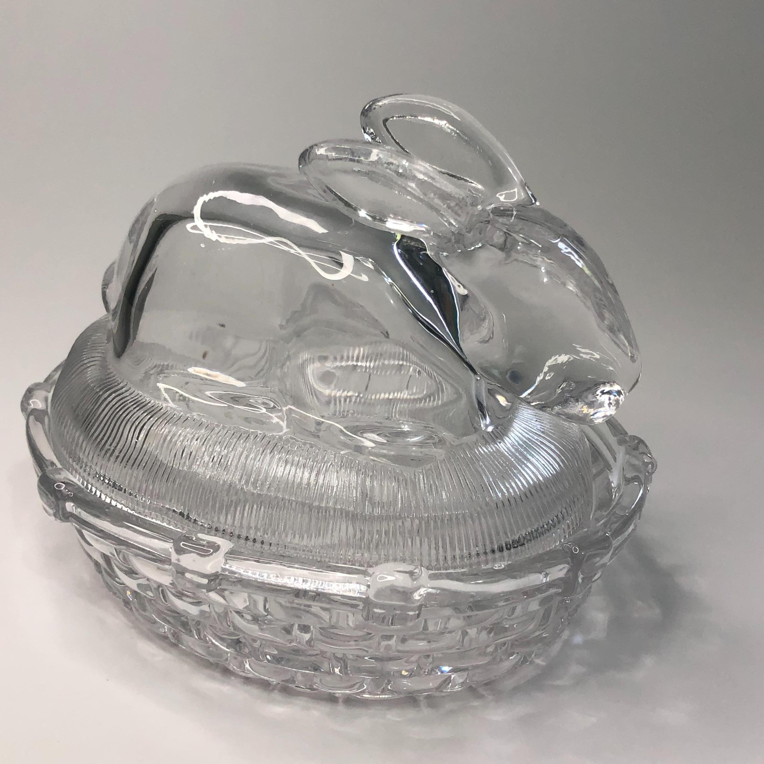 Vintage Clear Glass Bunny Rabbit on Nest Covered Dish Basket Weave ...