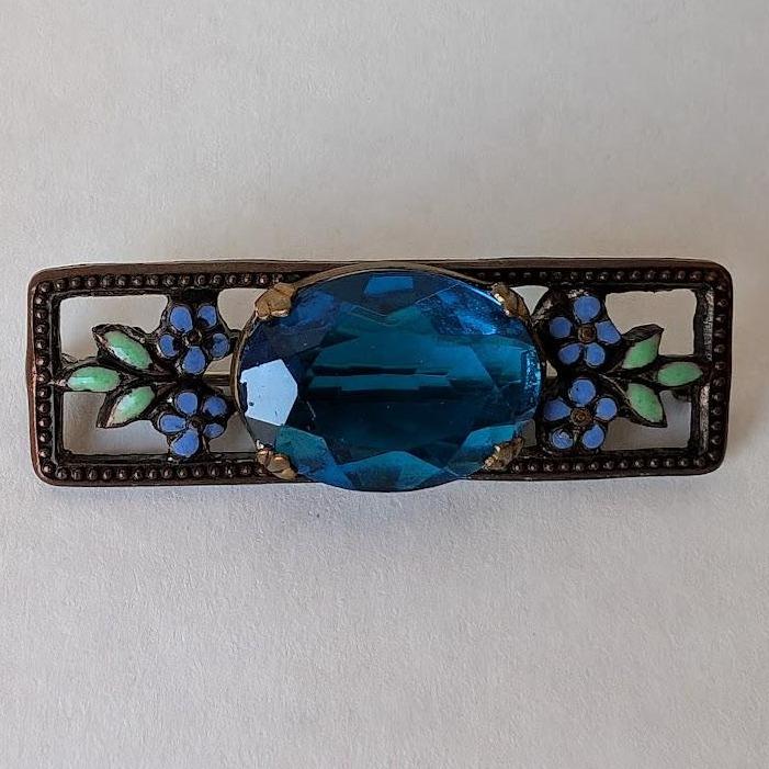 Antique Czech Blue Glass Brass Brooch with Enamel Forget-me-nots