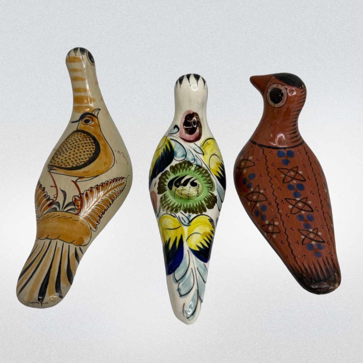 #13 Lot Of 3 Mexican Tonala Hand Painted Pottery Doves Birds