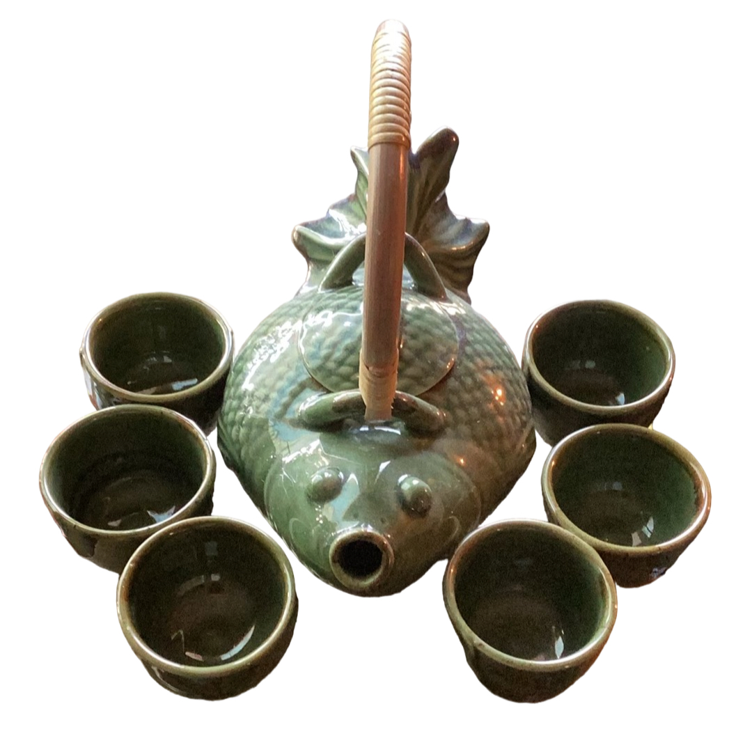 RARE Fabulous And Full Set Green Koi Fish Teapot And Six (6) Tea Cups