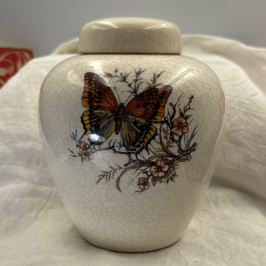 Vintage Monarch Butterfly Ginger Jar Urn - Made In USA