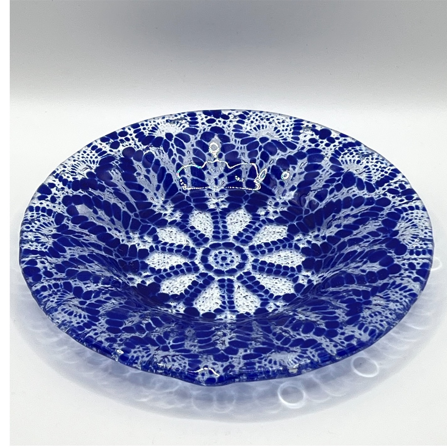 Cobalt Blue Fused Art Glass Round Decorative Plate Lace Pattern Trinket ...