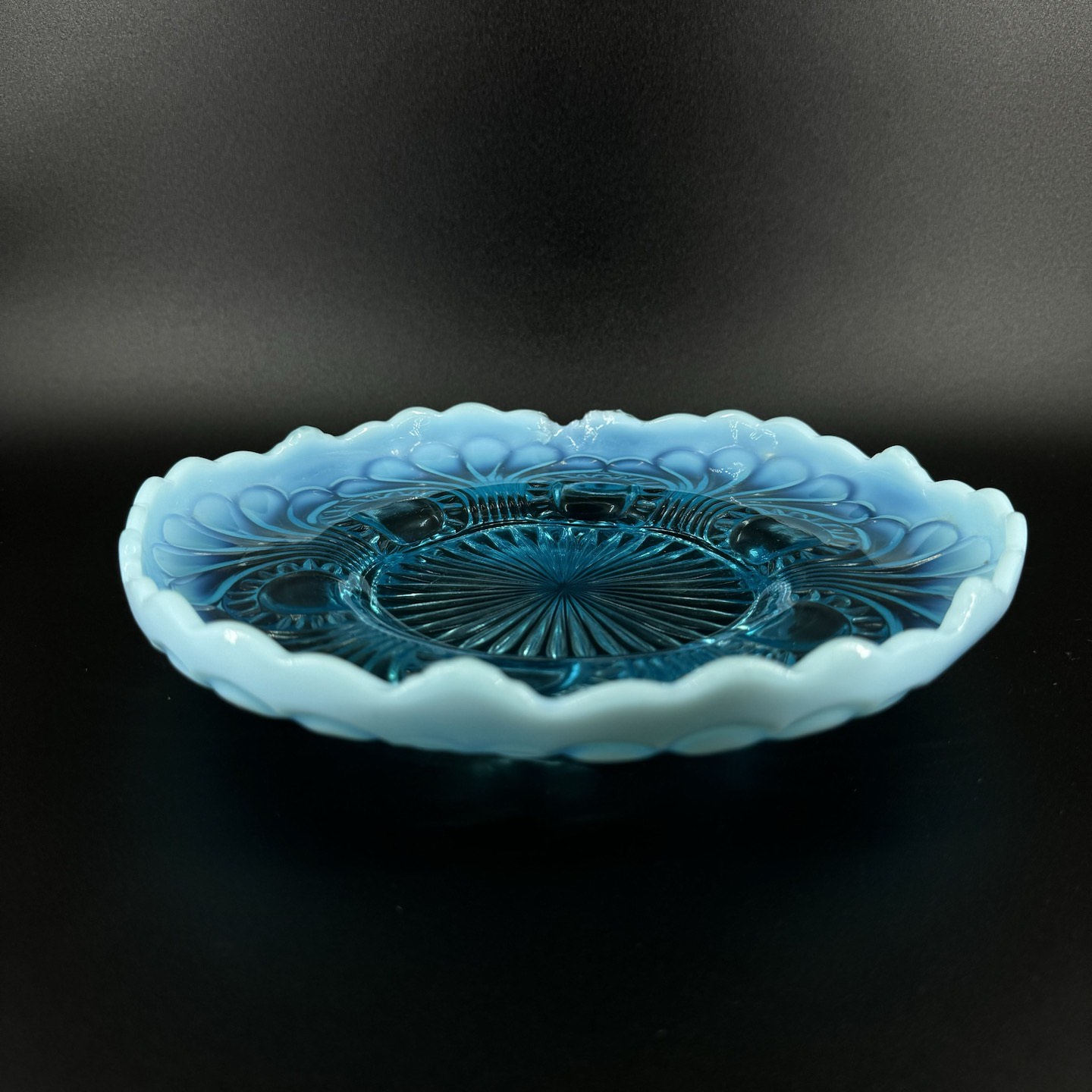 Blue Opalescent Ruffled Edge Footed Plate