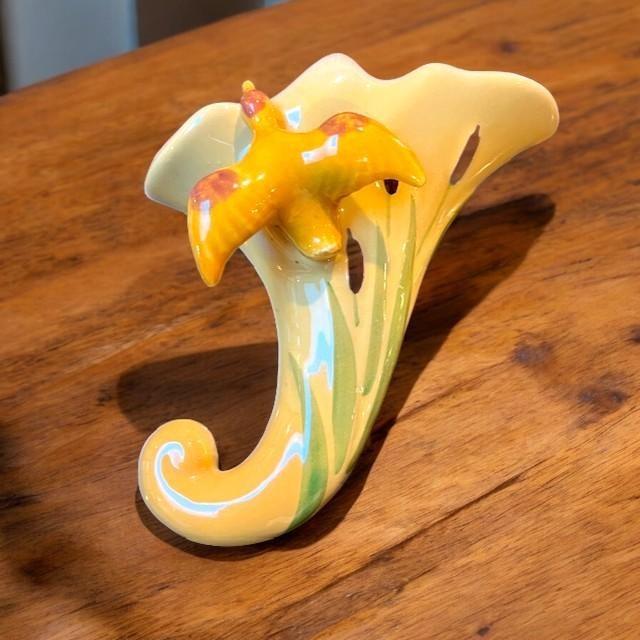 MCM Cornucopia Shaped Wall Pocket Vase Yellow with Duck & Brown ...