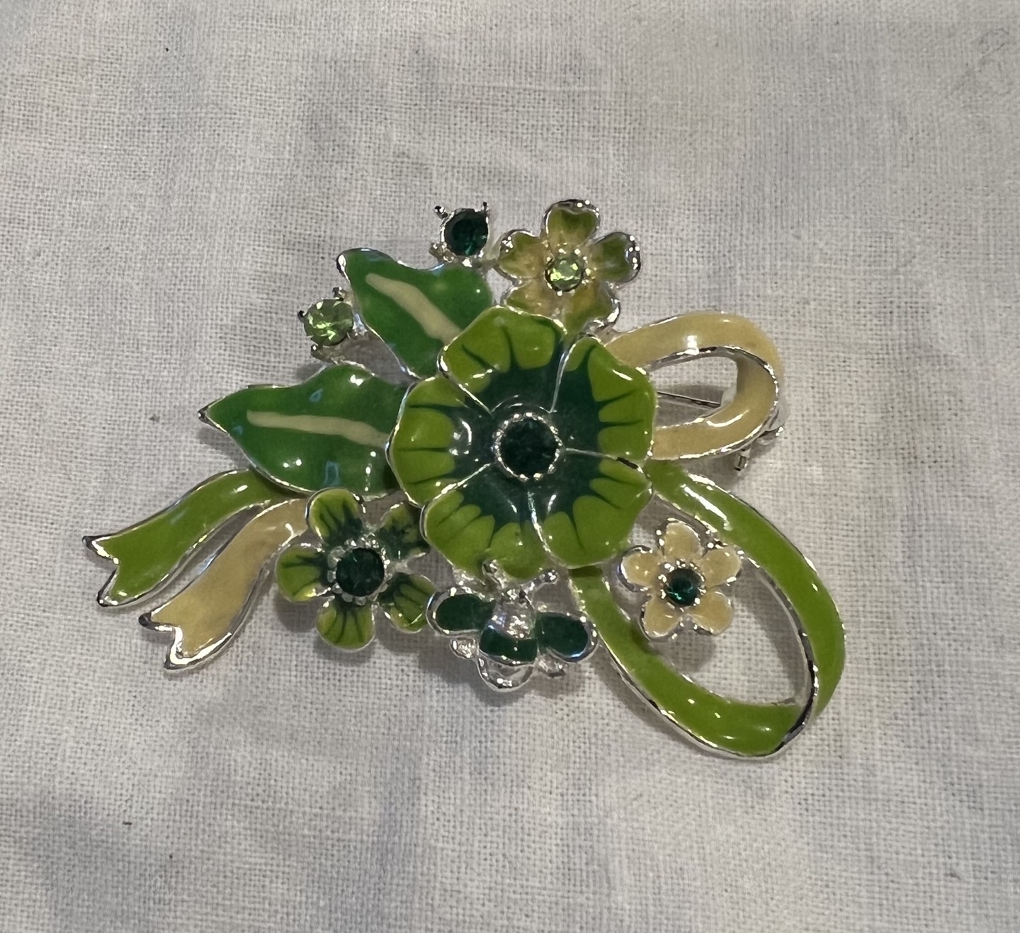 Vintage Estate Green & Yellow Silver Tone Enameled Floral brooch With ...