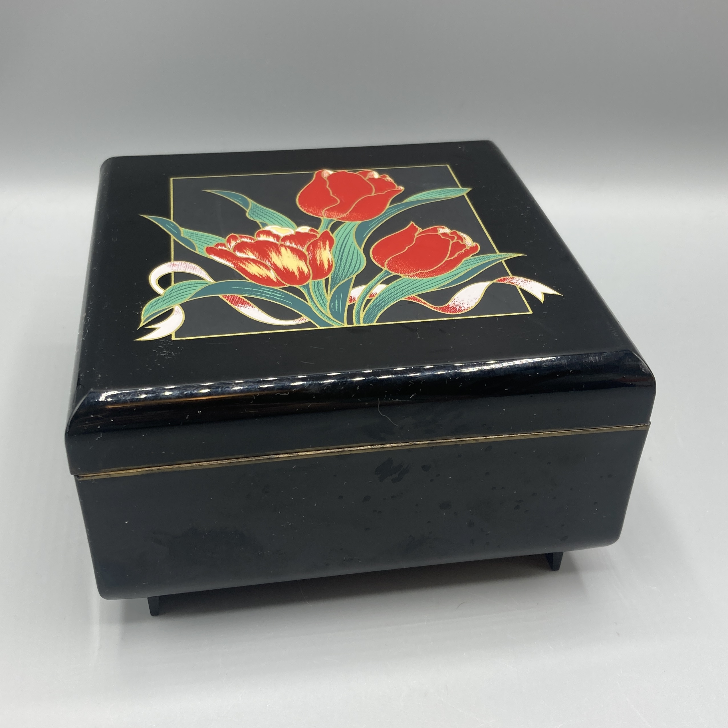 Vintage Japanese Lacquered Music Box Jewelry Box with Roses