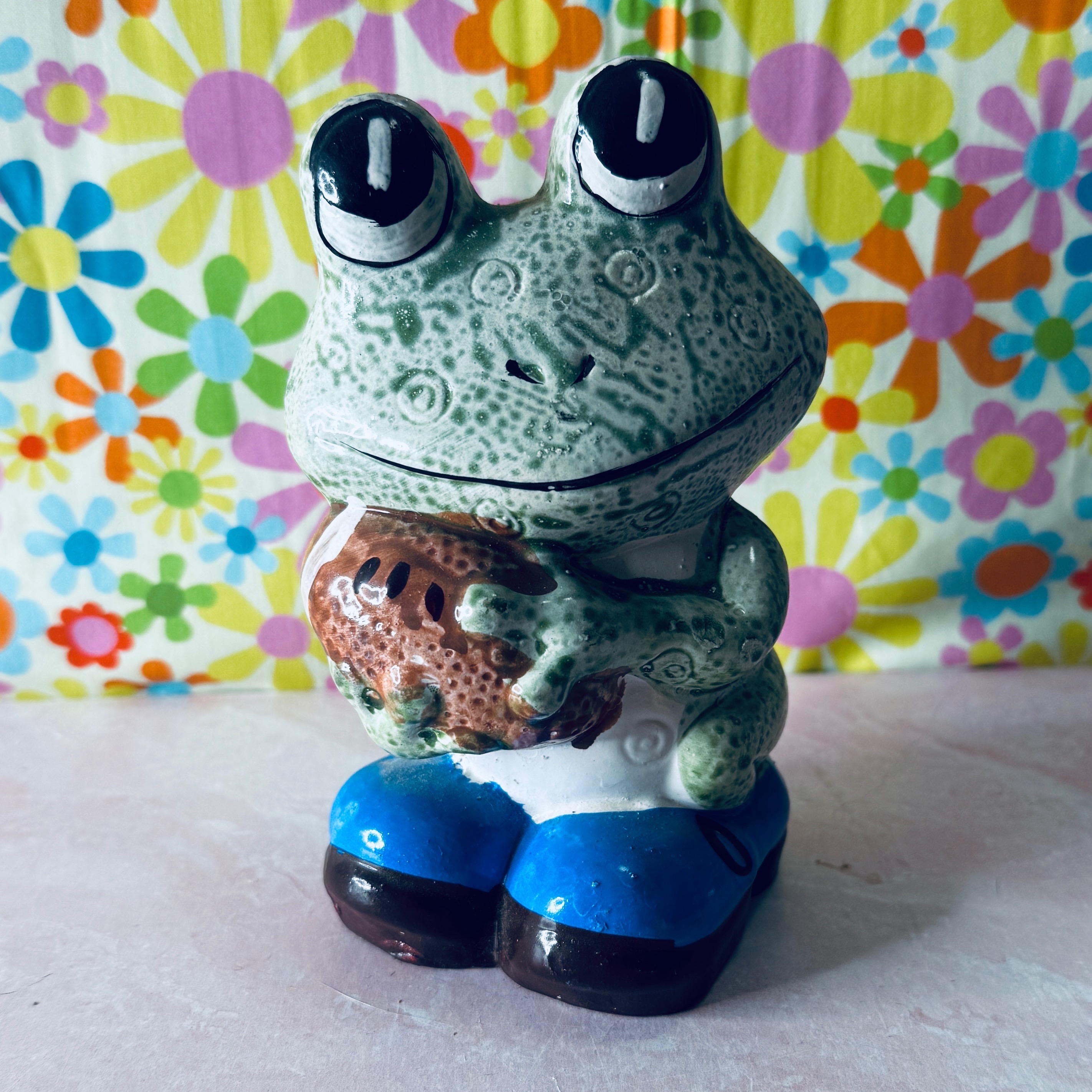 Vintage Big Eyed Frog w/Football Ceramic Piggy Bank