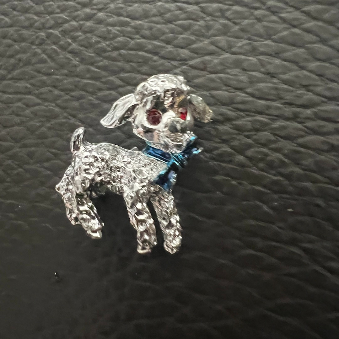 Sweet Little Silver-Tone Lamb Pin with Red Rhinestone Eyes and a Blue ...