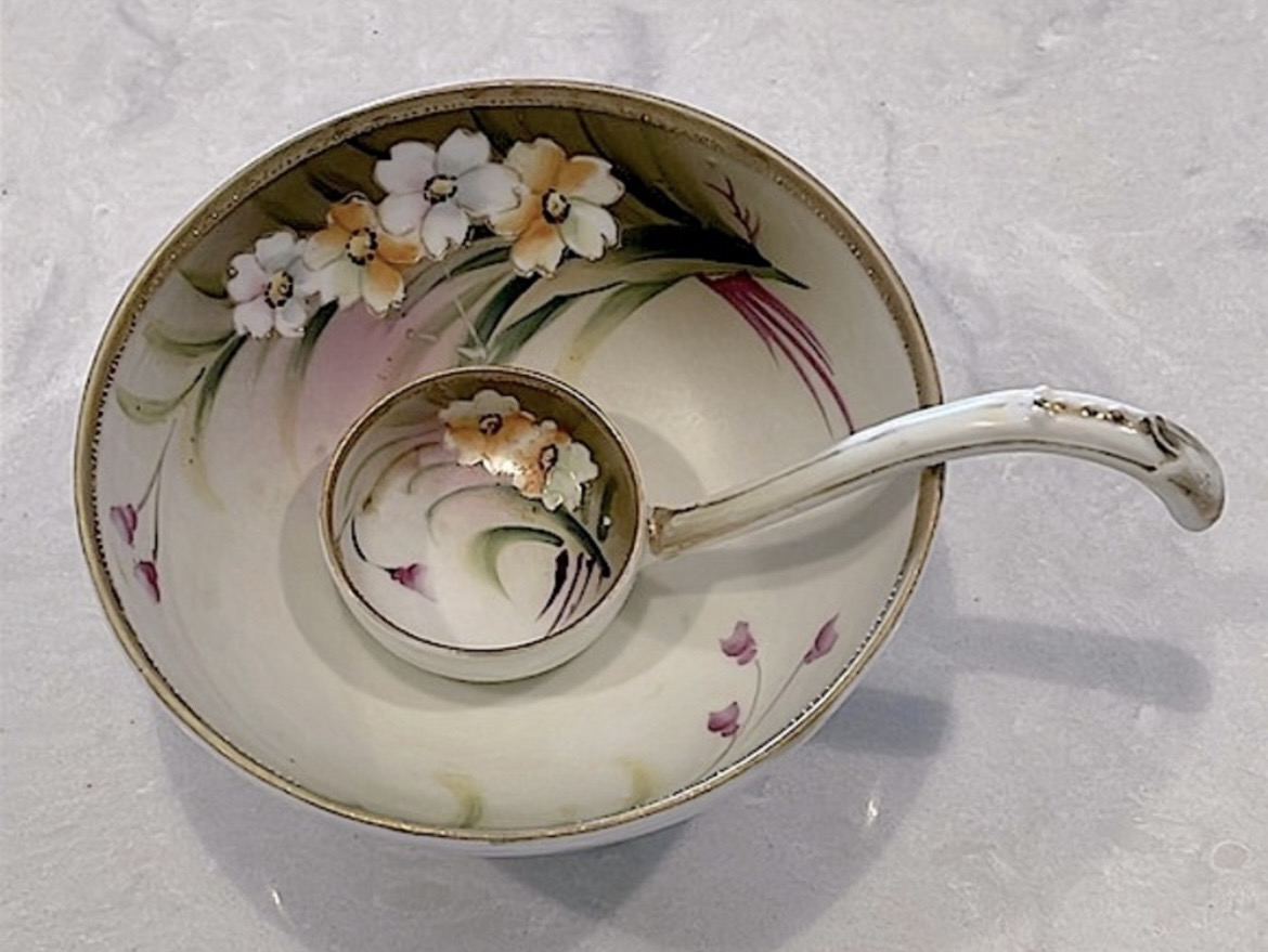 Nippon, china, hand painted, footed mayonnaise bowl/ladle with floral ...