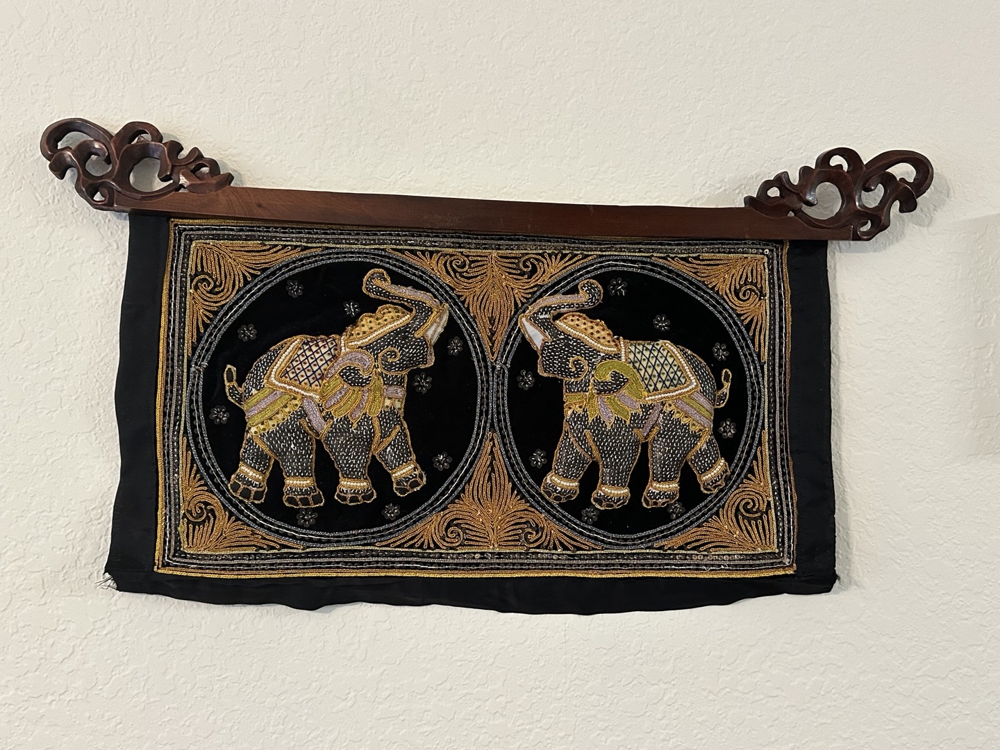 Vtg Burmese Thai Kalaga Tapestry Embroidered Beaded Sequin Wooden ...