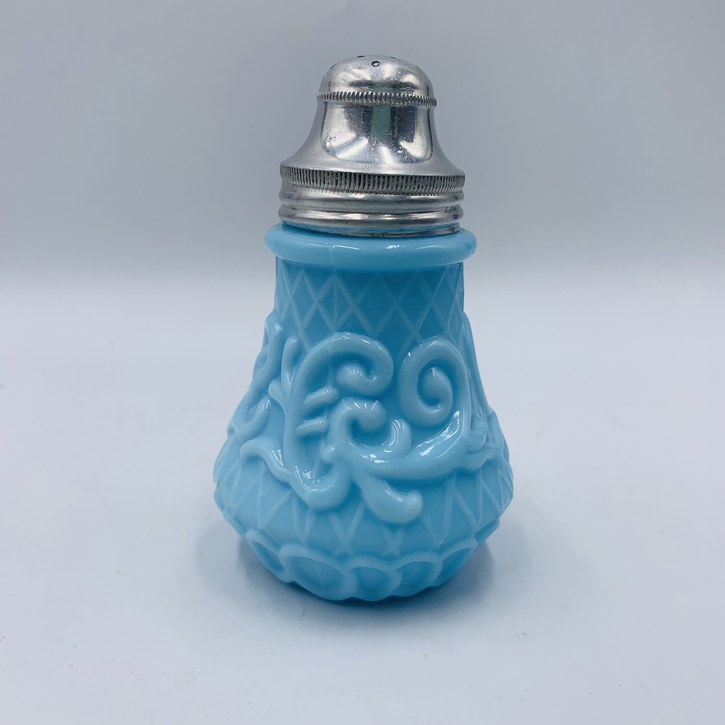 03. Antique Blue Milk Glass Shaker HTF pattern