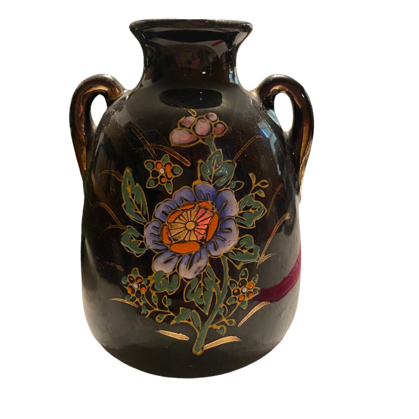 Vintage Black Vase With Painted Raised Floral Design Made In Japan