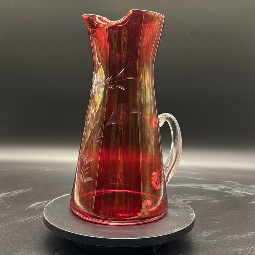 Vintage Etched Cranberry Glass Pitcher With Applied Handle