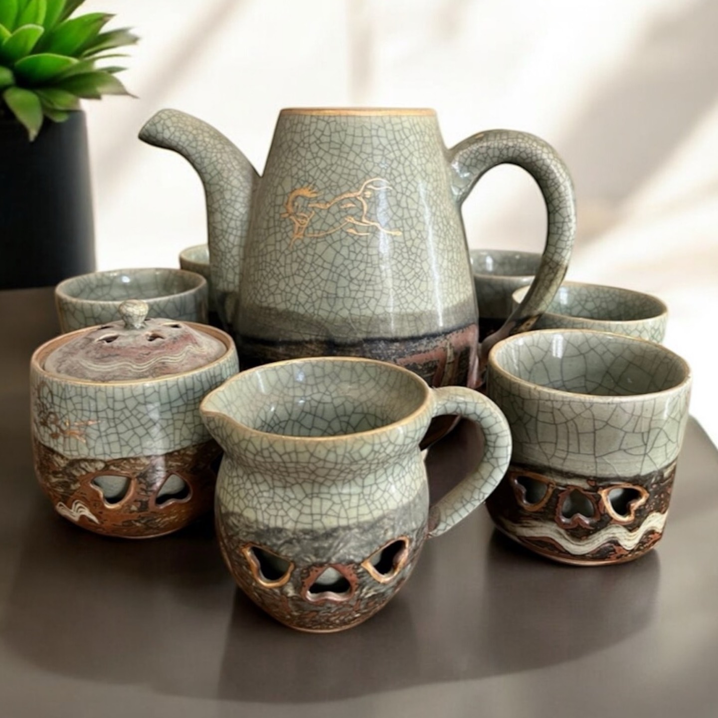Vintage Soma Ware SOMAYAKI Tea Set, Tea Pot, 5 Tea Cups, Sugar ...