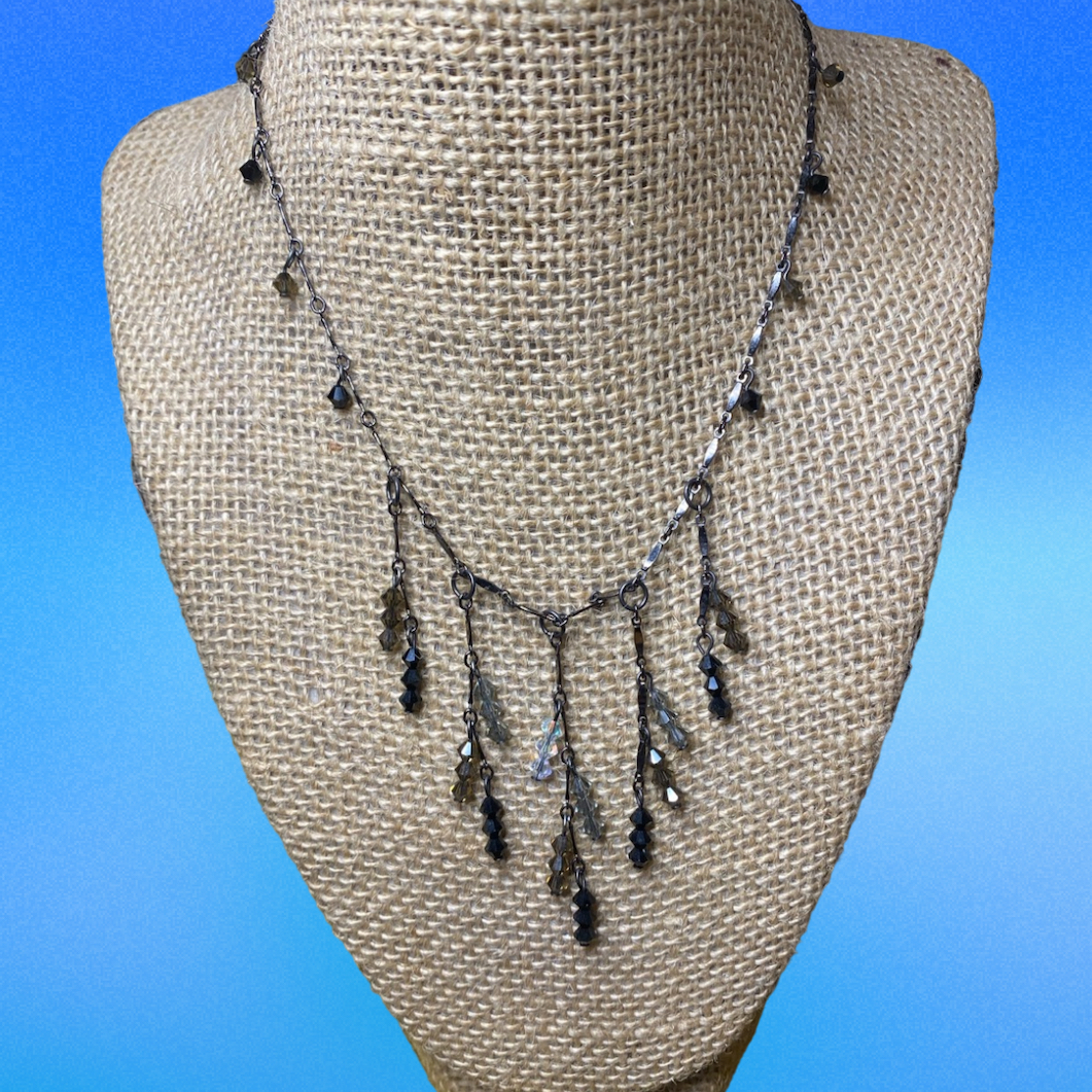 Vintage 1990’s Goth Gun-smoke Metal Edgy Crystal Bead Chocker Necklace