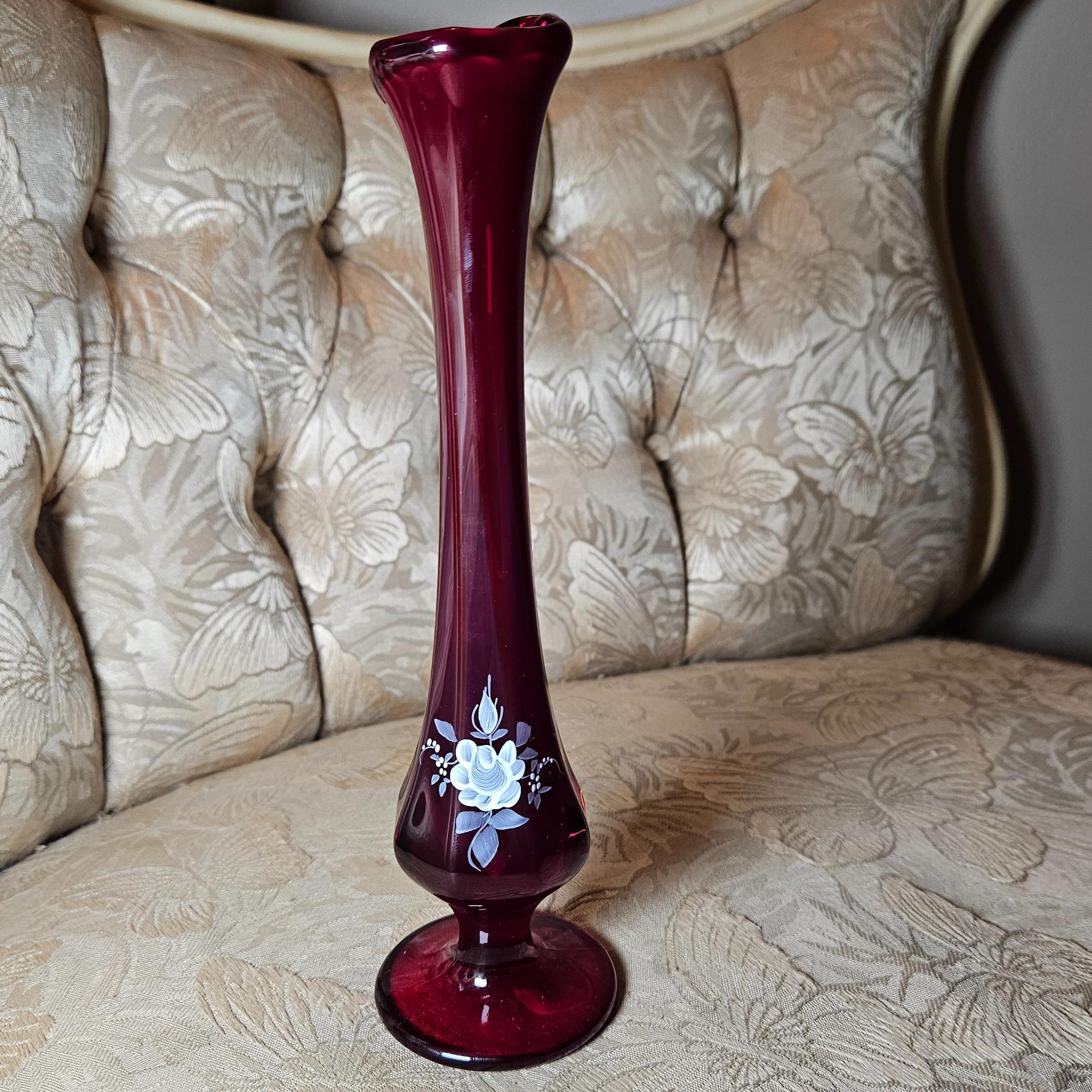 Fenton Cranberry Footed Bud Swung Vase Hand Painted 8.5" Signed