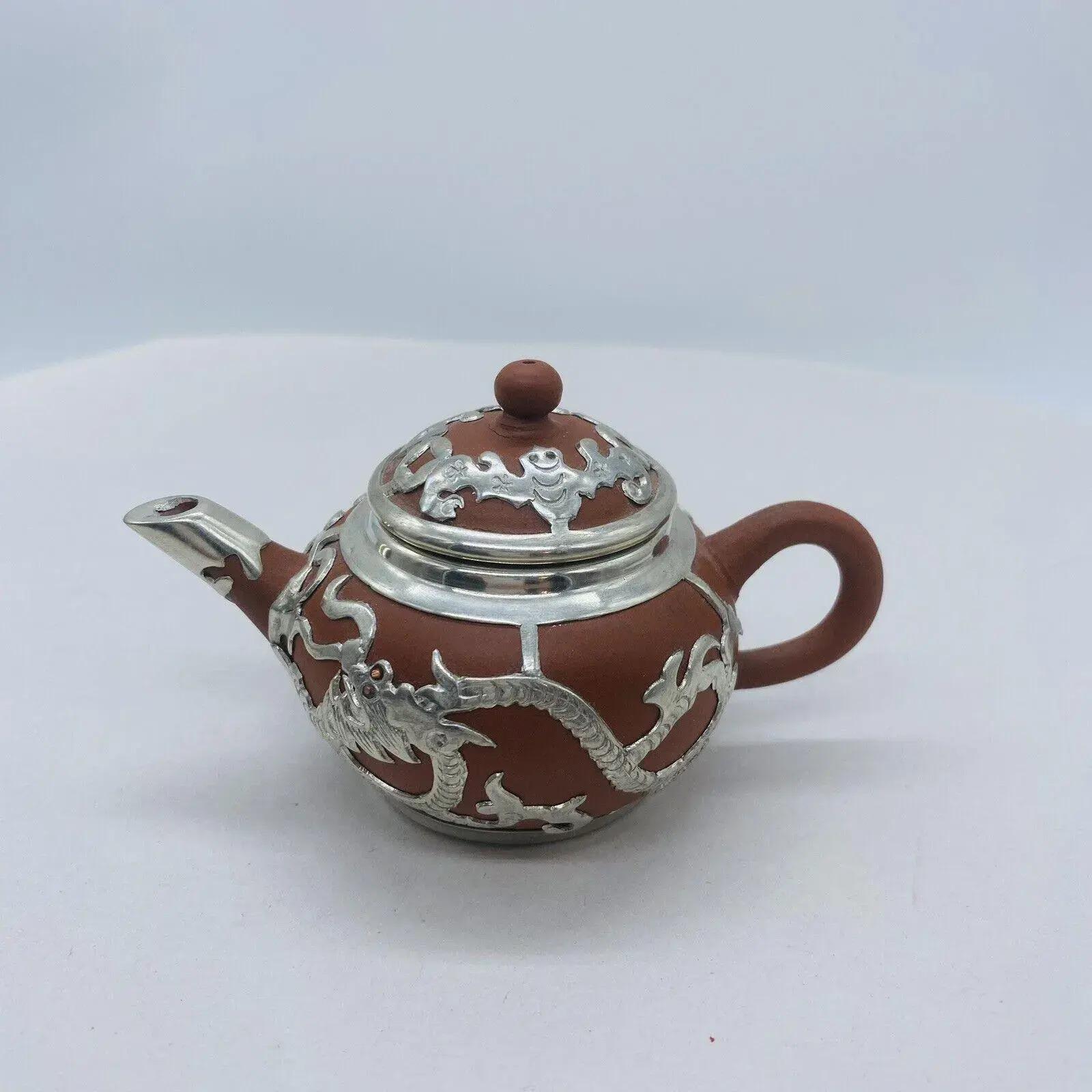 Miniature Chinese Dragon Yixing Pottery Terracotta with Overlay Silver ...