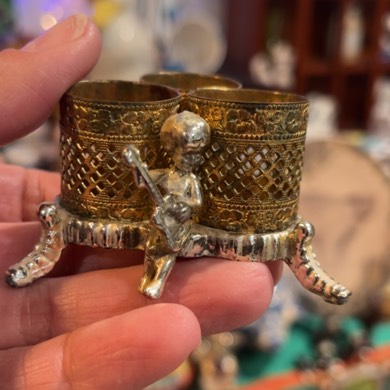 Sam Fink Gold Tone Metal Filligree Lipstick-Trio Holder With Cherub