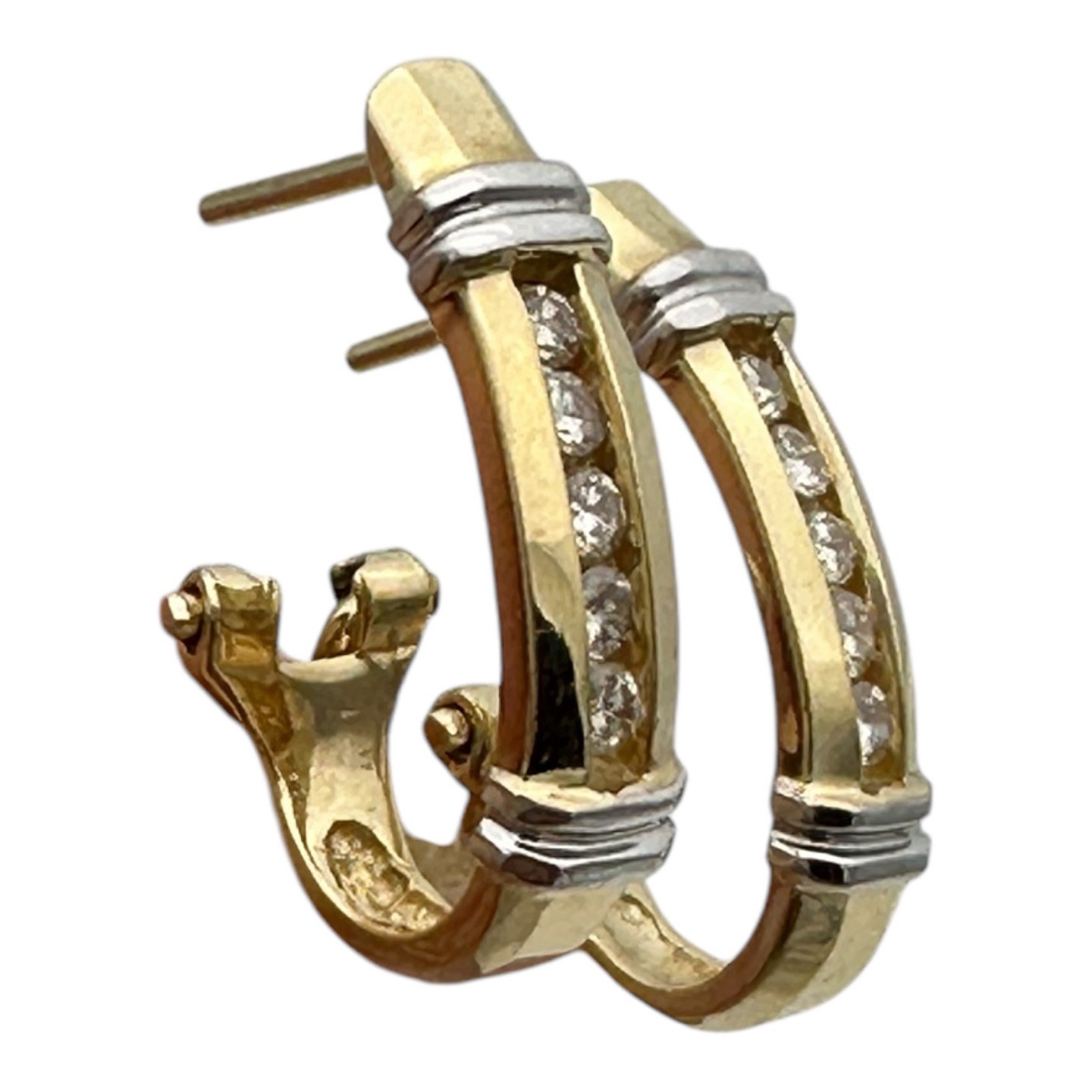 14 karat gold channel diamond omega, hoop, earrings .35 carat