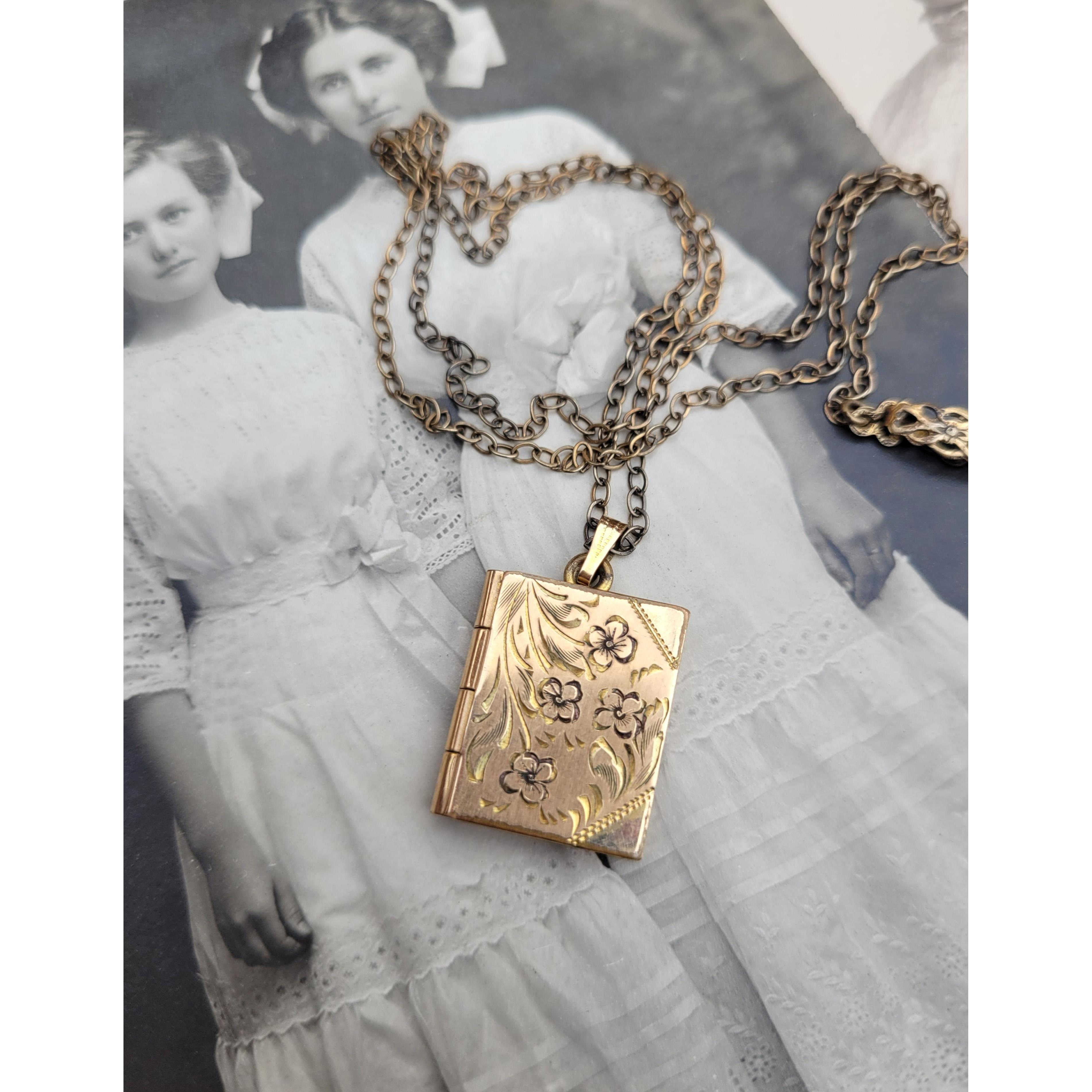 Antique Gold Filled Locket Book Charm Necklace Sterling Silver Vermeil ...