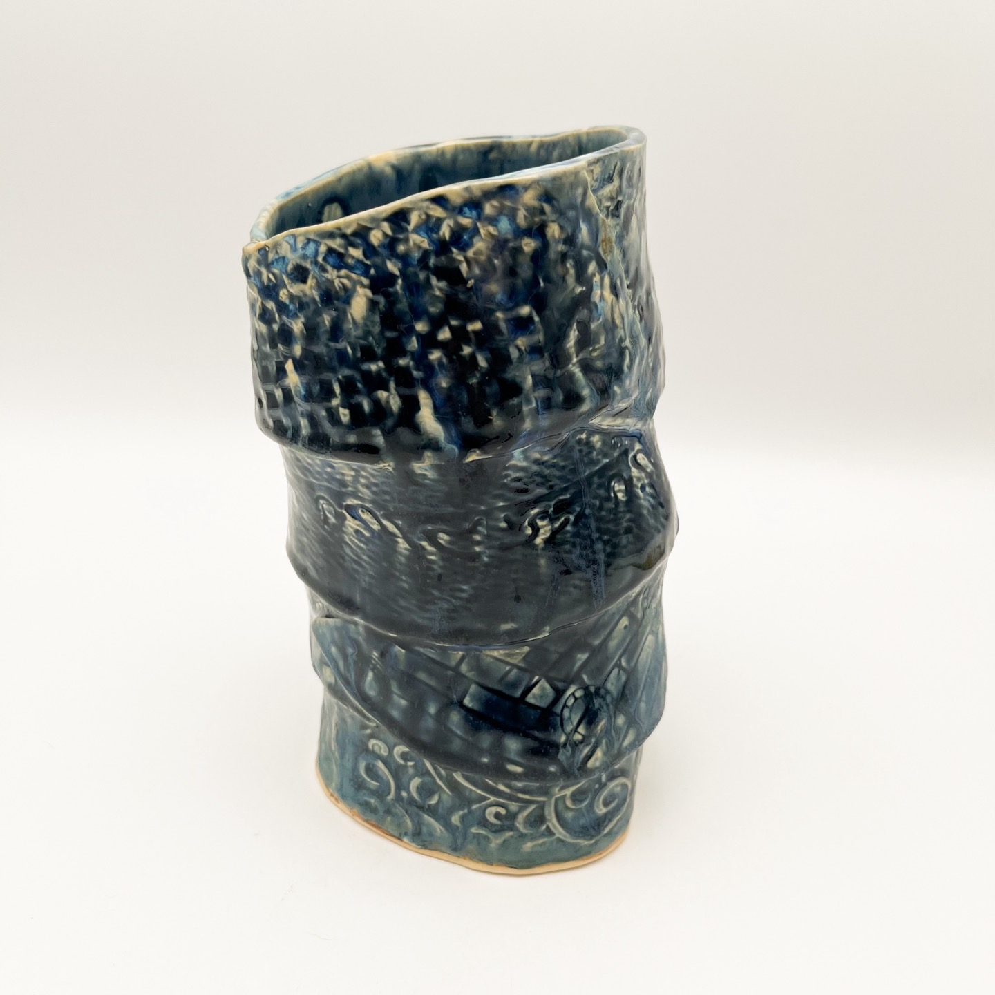 Art Pottery Vase - Large Handmade, Wrap Folded Design, Denim Blue